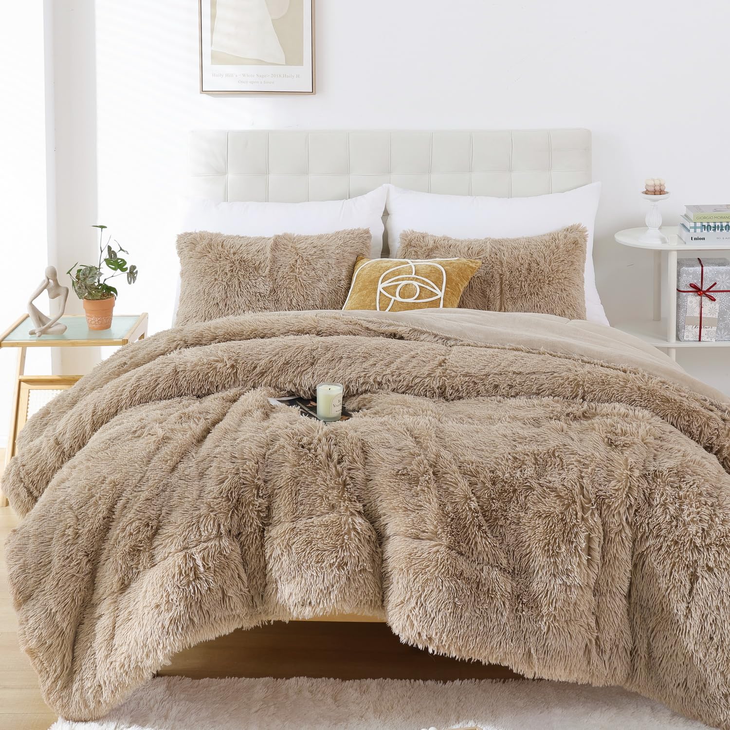 Smoofy Faux Fur Taupe Comforter Set Queen Size Fluffy Fuzzy Plush ...