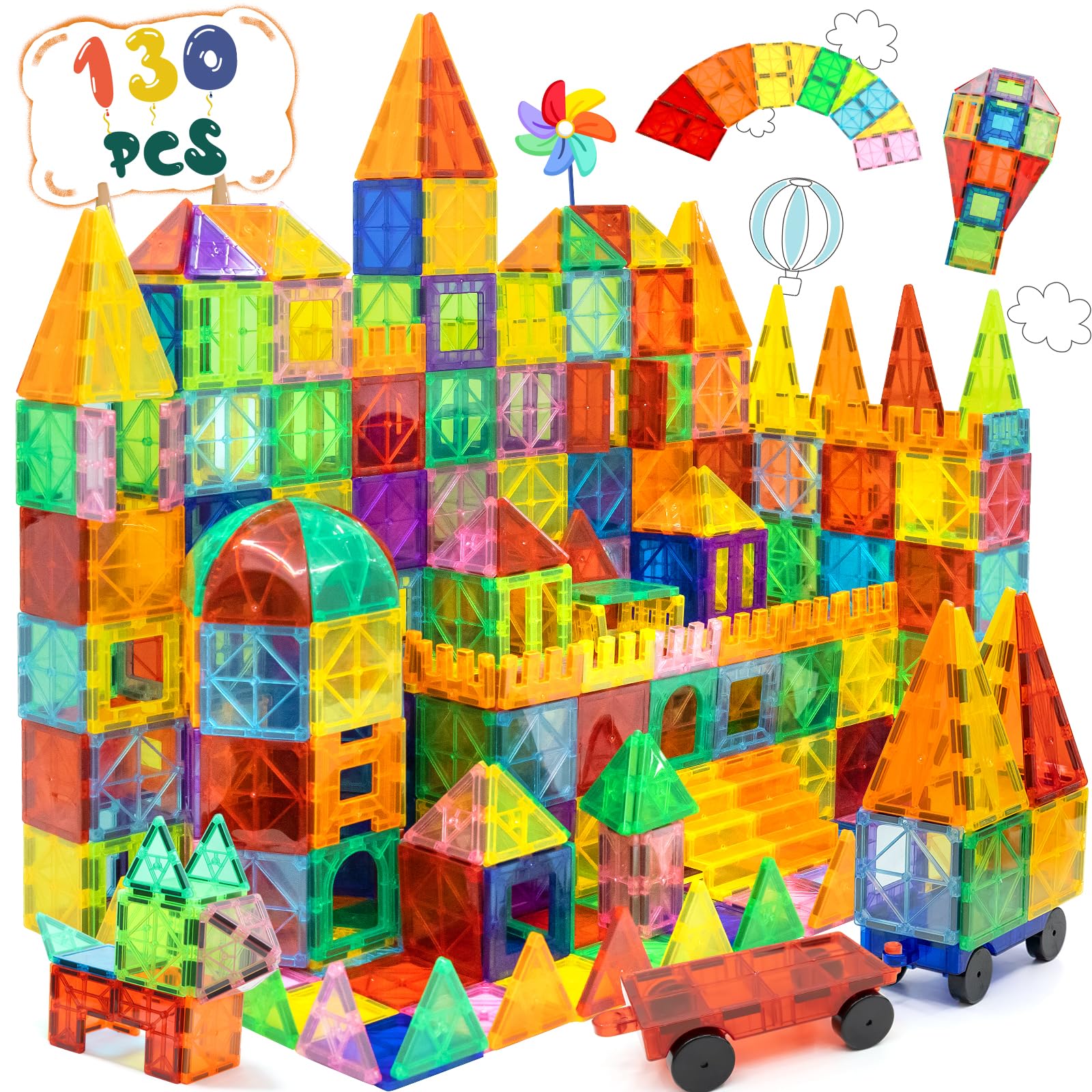 EchoPlan Magnetic Tiles,Deluxe 130 PCS Magnetic Blocks with 2 Cars ...