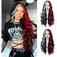 Amazon.com : WECAN Black Red Gray Wig 28 Inches Long Black Red Wavy ...
