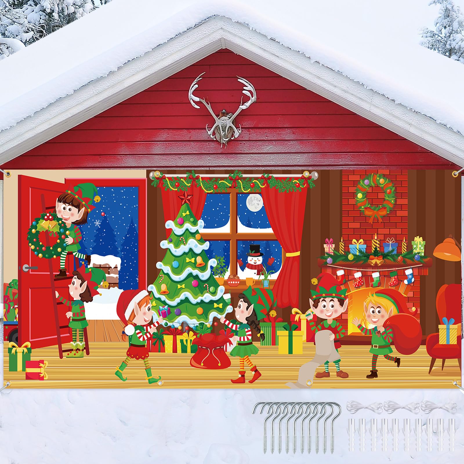Tatuo Christmas Garage Door Cover 7x16 ft Christmas Elf Garage Door ...