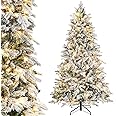 Amazon.com: Goplus 7ft Pre-Lit Snow Flocked Christmas Tree, Artificial Hinged Xmas Tree with ...