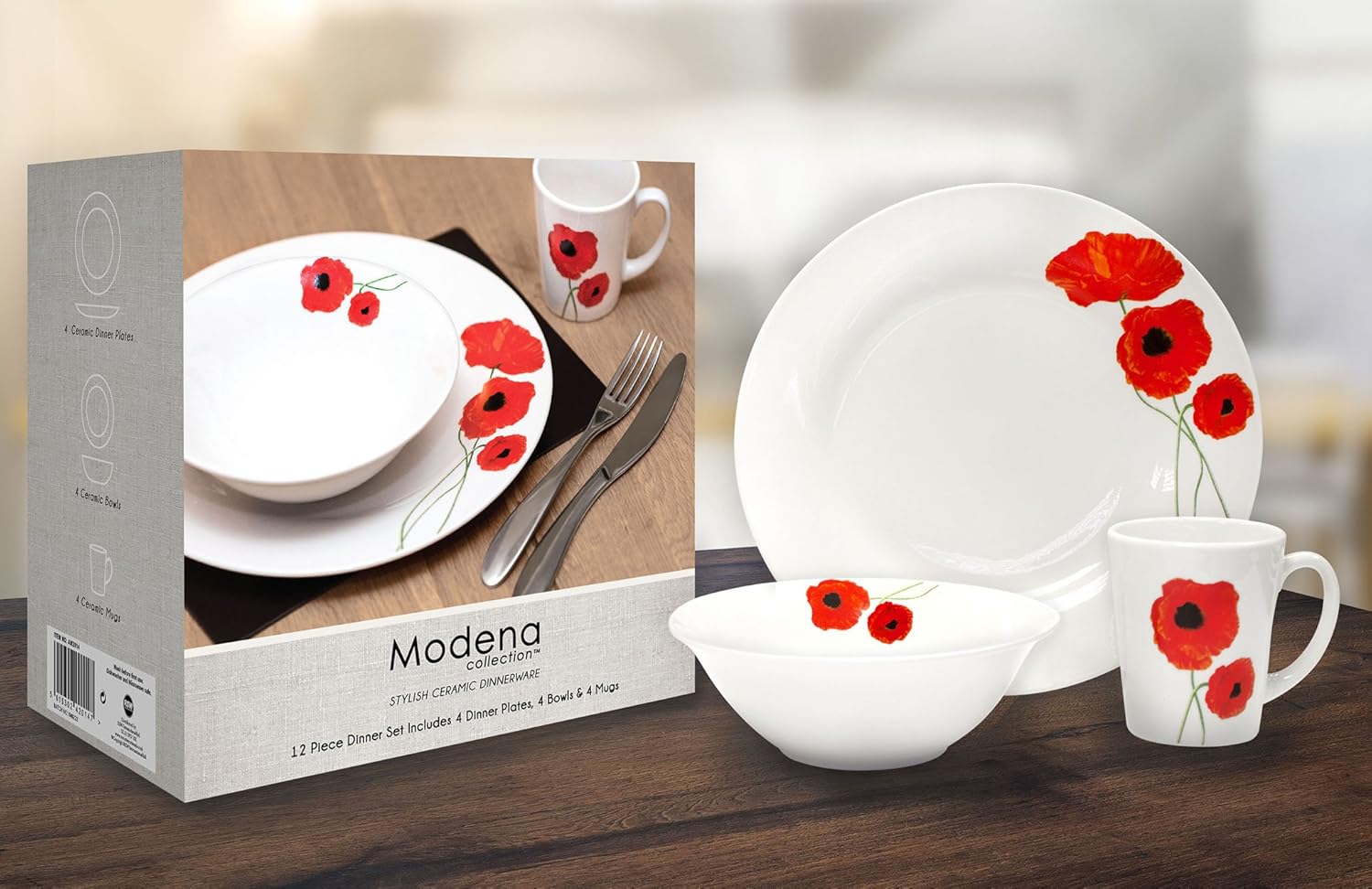 NEW Modern Poppy 12 Piece Dinner Set Plates Mugs Bowls: Amazon.co.uk ...