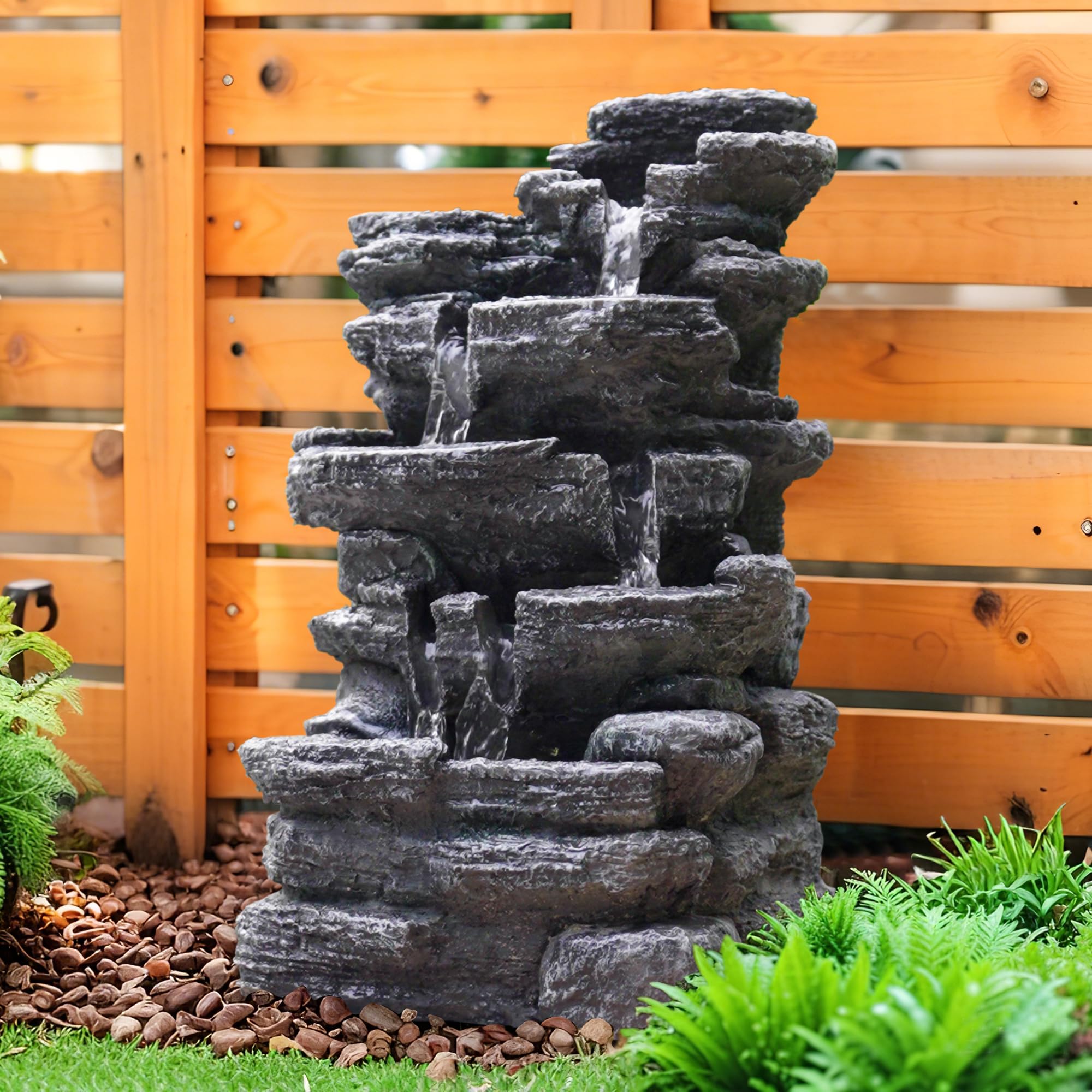 Biling 5-Tier Cascading Rock Outdoor Water Fountain with LED Lights and ...