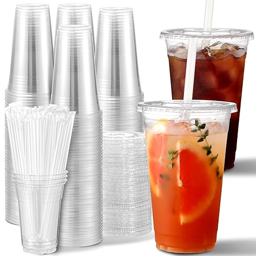 AOZITA 100 Pack - 24 oz Clear Plastic Cups with Lids and Straws, Sturdy ...