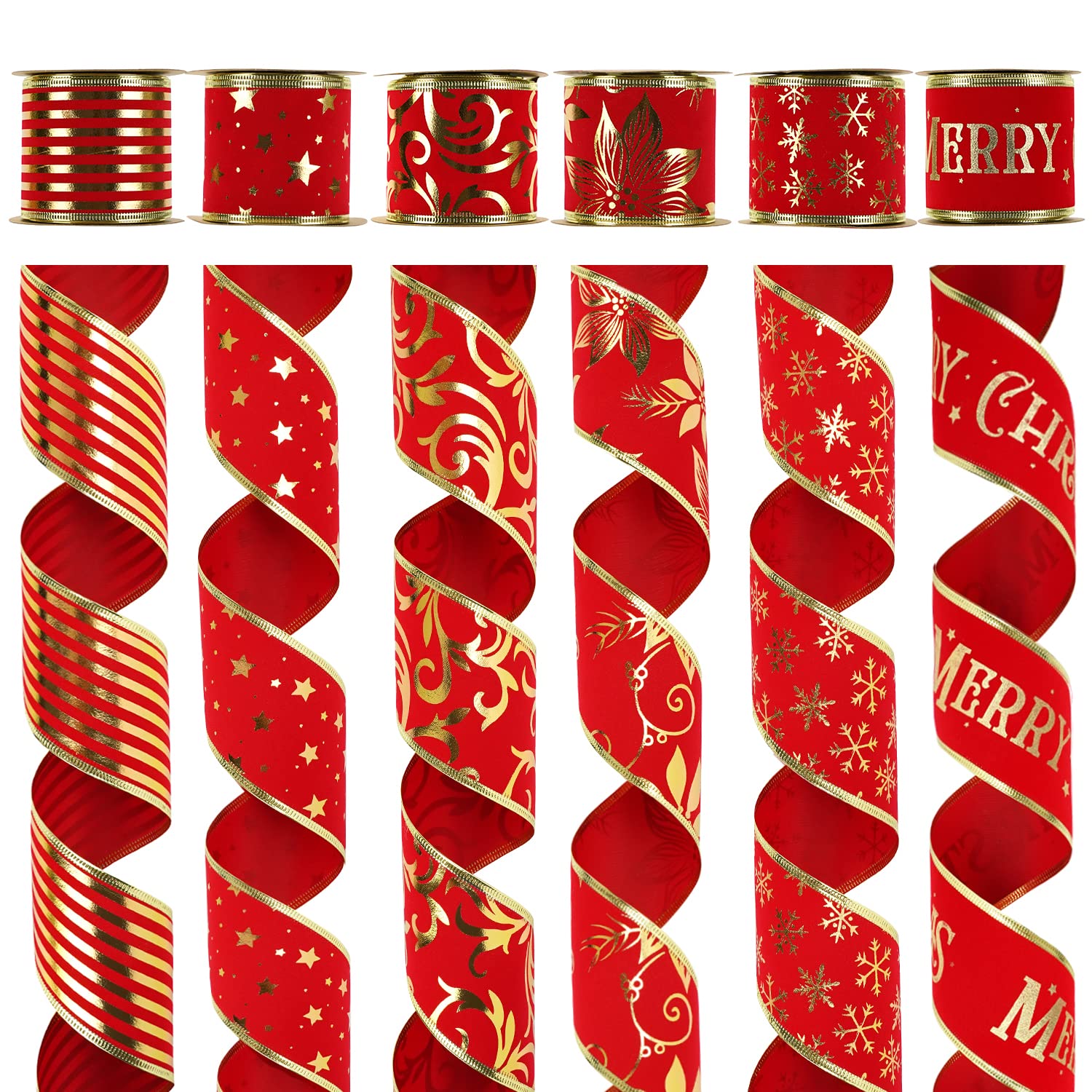 MEEDEE Red Velvet Wired Ribbon For Christmas Tree 2.5 Inch 6 Rolls 36 ...