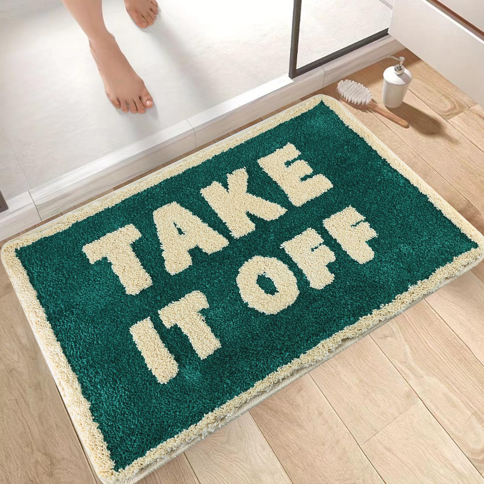 Bazasa Cute Bath Mat 32"×20" Green Bathroom Rugs with Off-White Letter ...