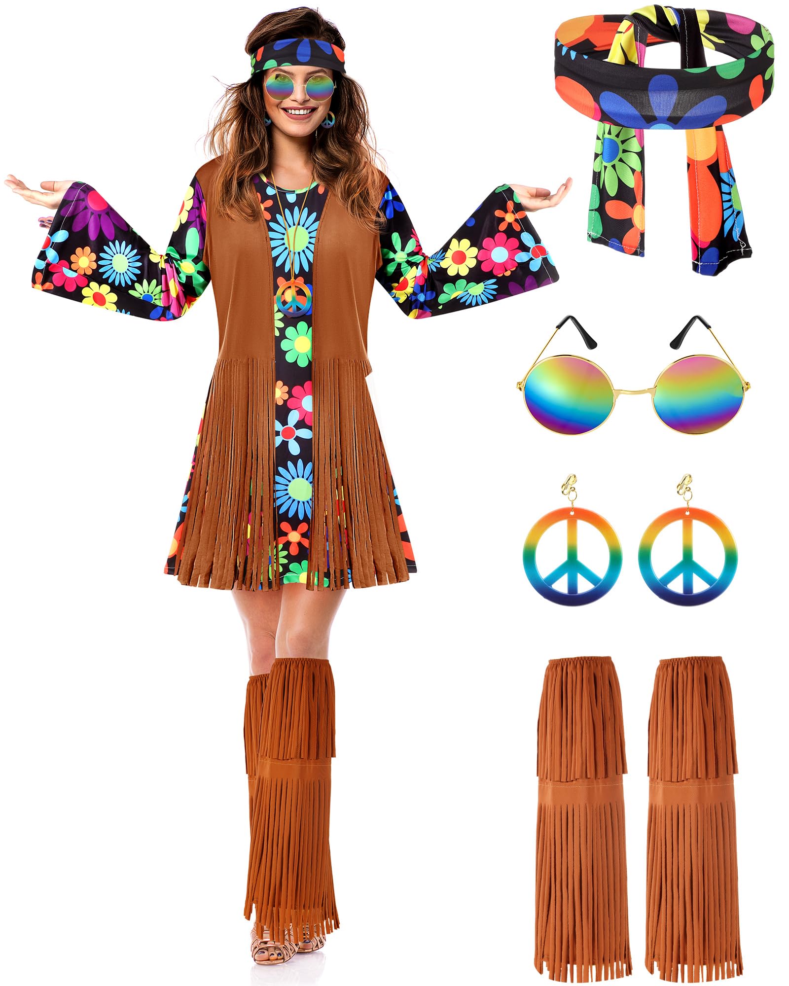 SATINIOR Hippie Costume Set Women 60s 70s Disco Outfits Halloween Party Dress Accessories for ...