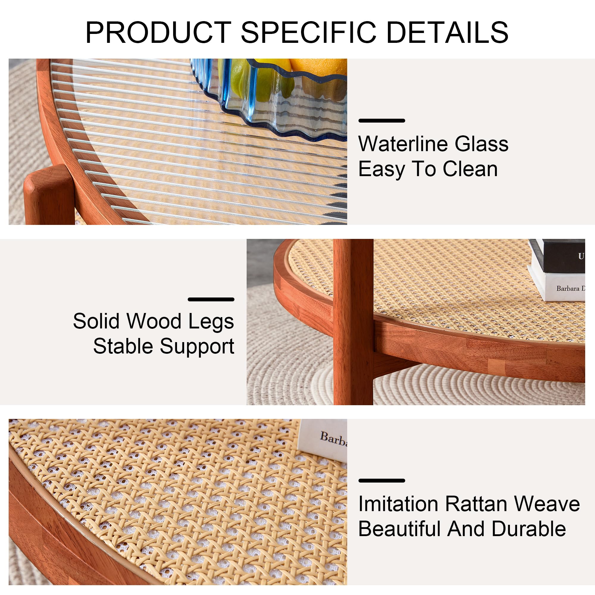 RUNNA Modern Simple Circular Double-Layer Solid Wood Tea Table Rattan ...