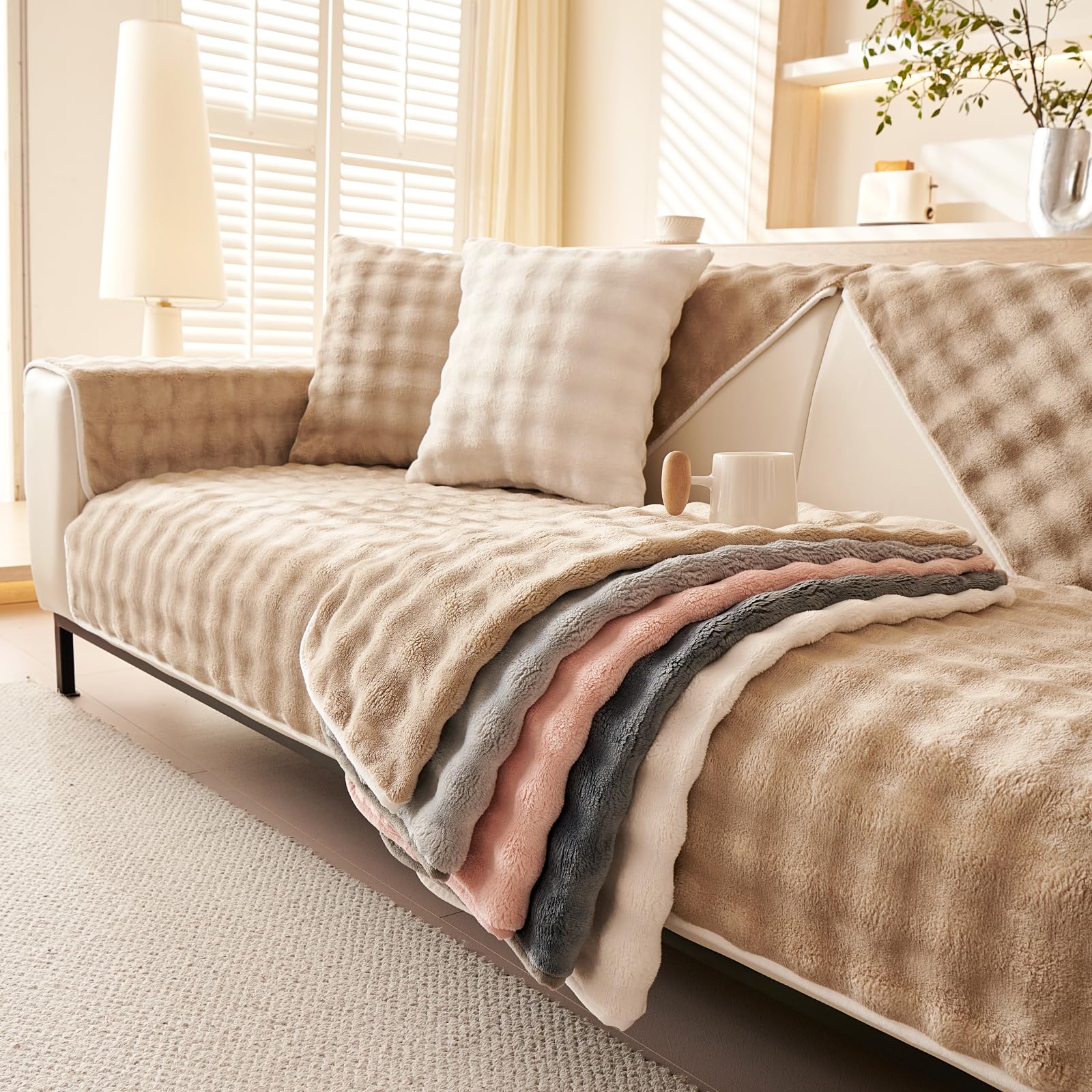 tianxinbaobei Velvet Couch Cover,Faux Fur Couch Cover (Cream,36"x82"/4 ...