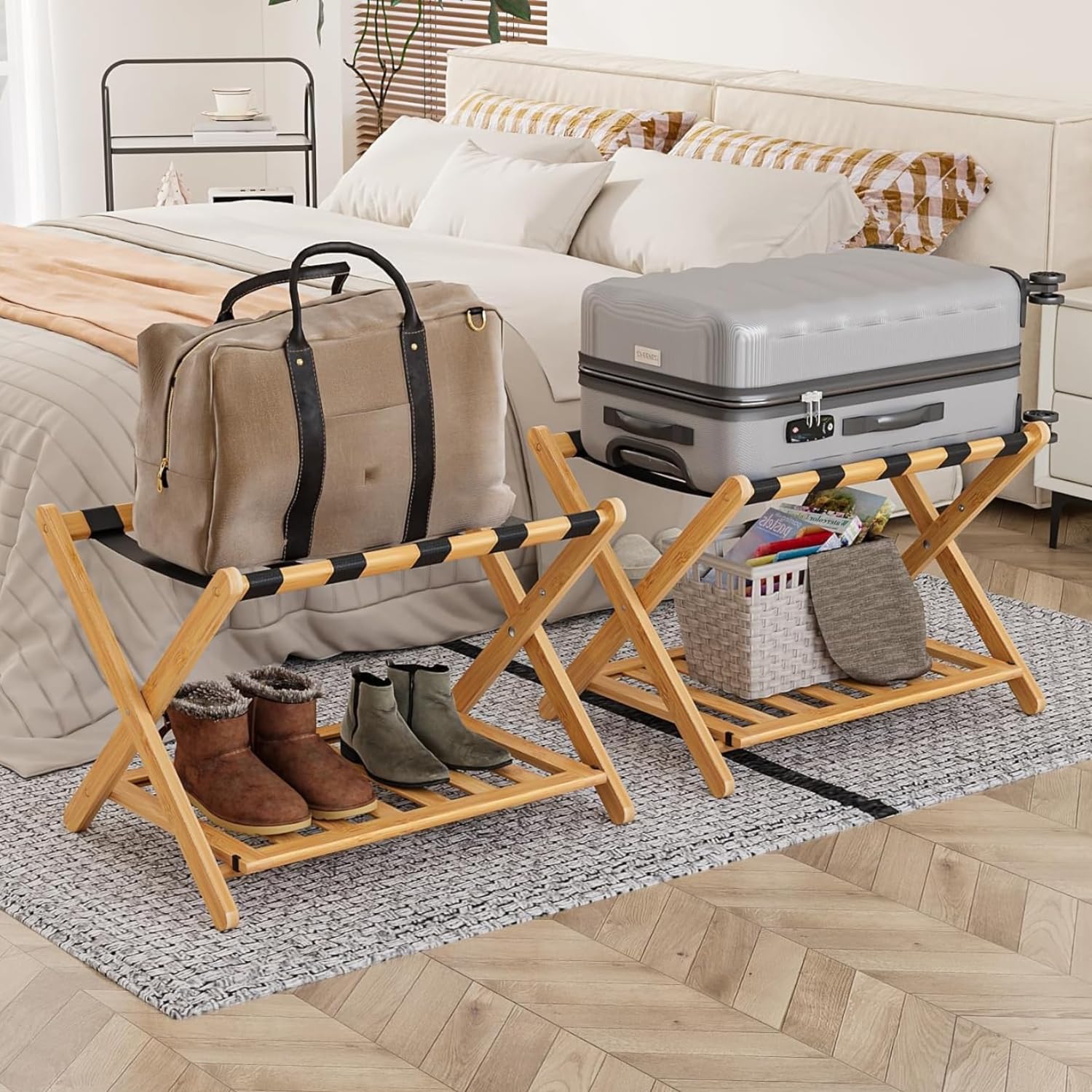 Smart FENDEE Fully Assembled Luggage Racks Pack of 2, Folding Suitcase ...