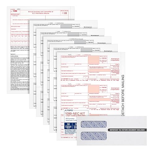 TOPS 1099 NEC 3 Up Forms 2022, Tax Forms Kit for 30 Recipients, 5 Part ...