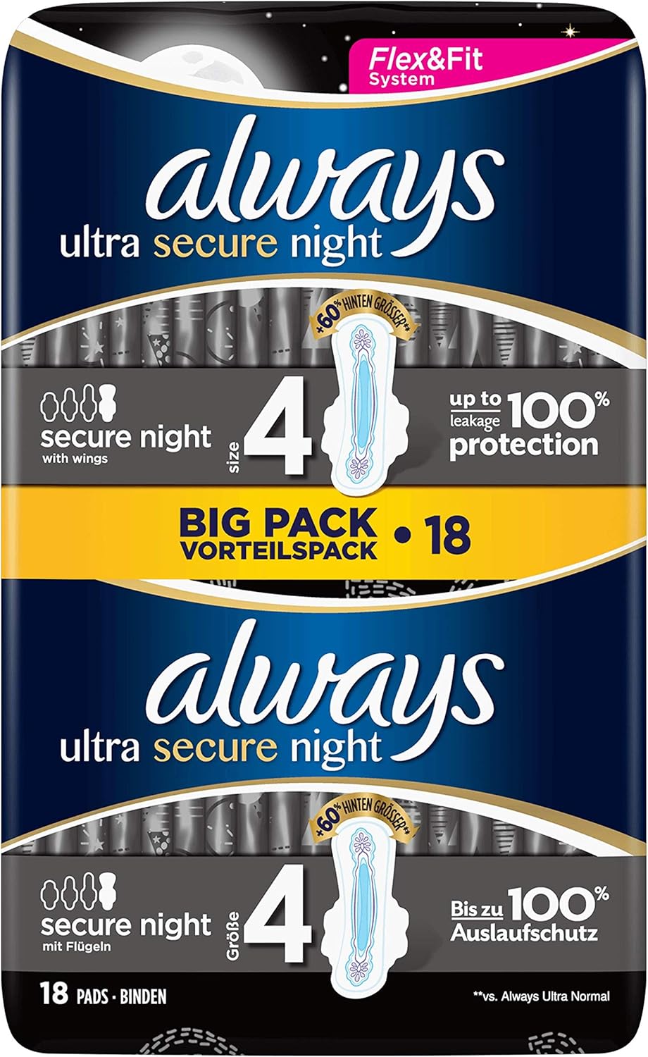 Always Ultra Secure Night Sanitary Pads (with Wings) Size 4 Pack of 18 ...