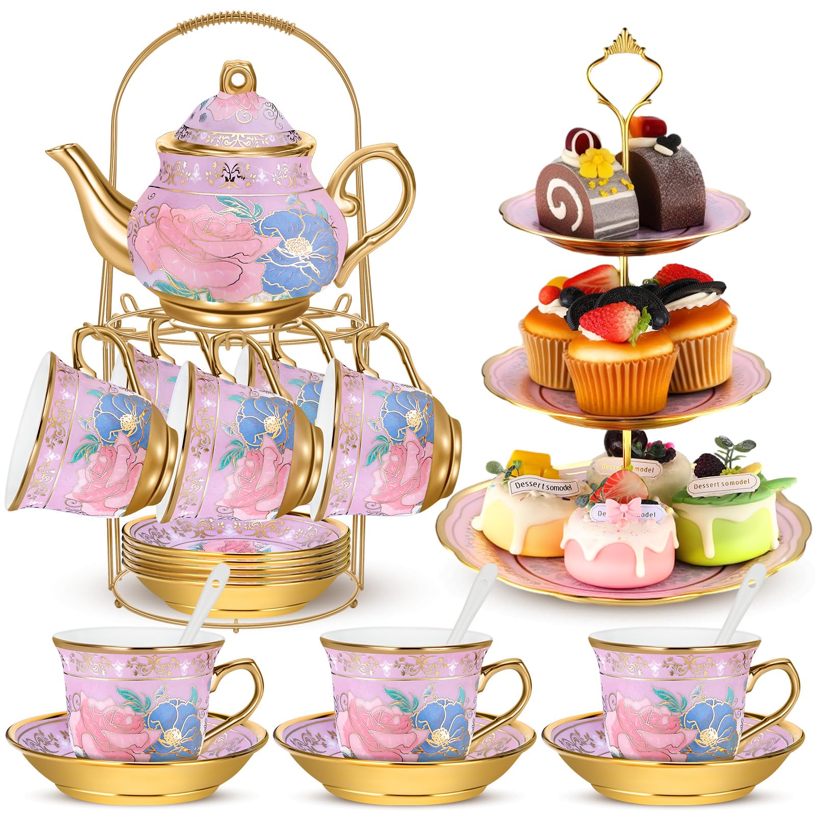 Suttmin 21pcs Porcelain Teapot Parties Set with Metal Holder and ...