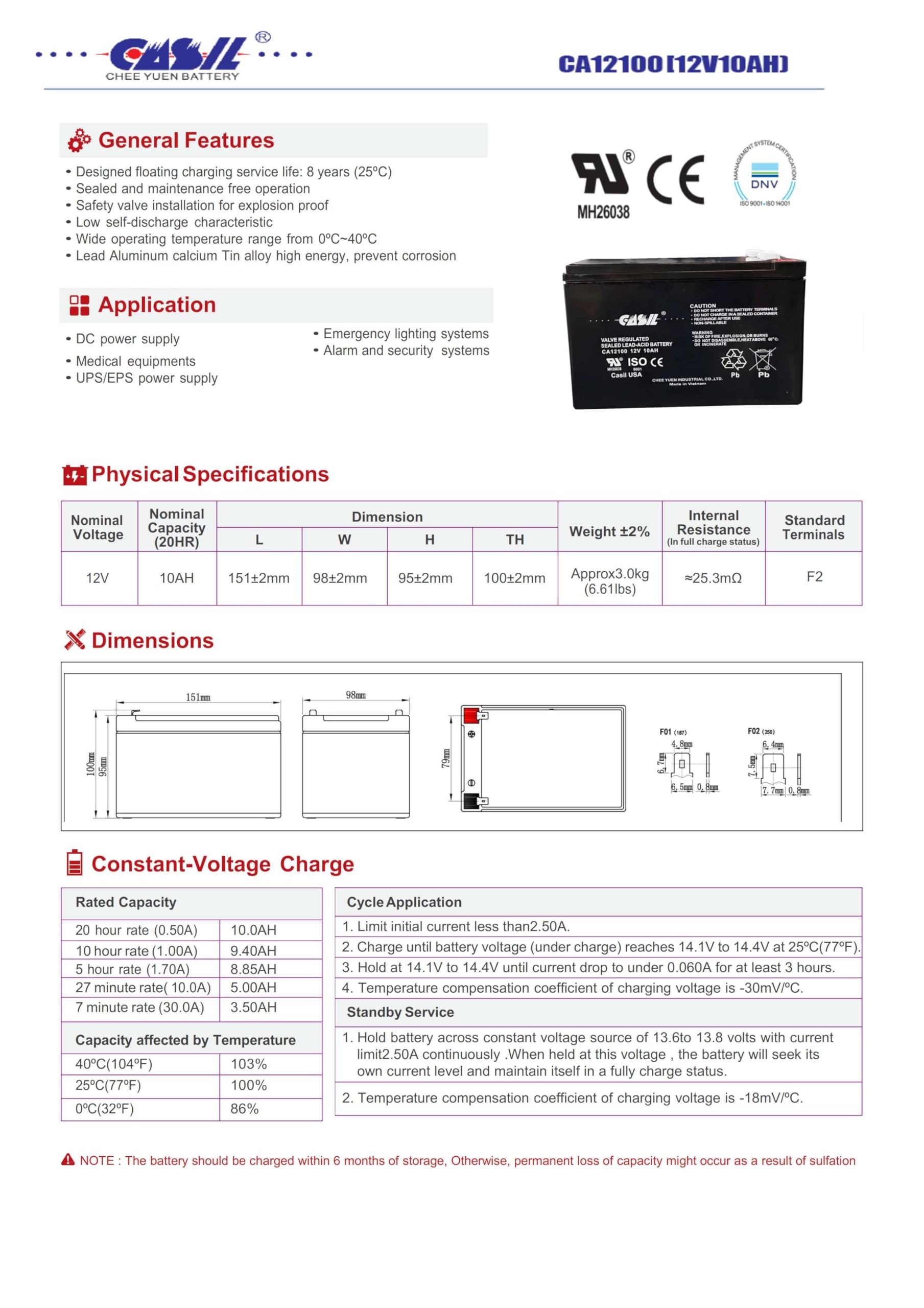 Mua Casil 12V 10Ah SLA AGM Battery – Rechargeable Deep Cycle – F2 ...