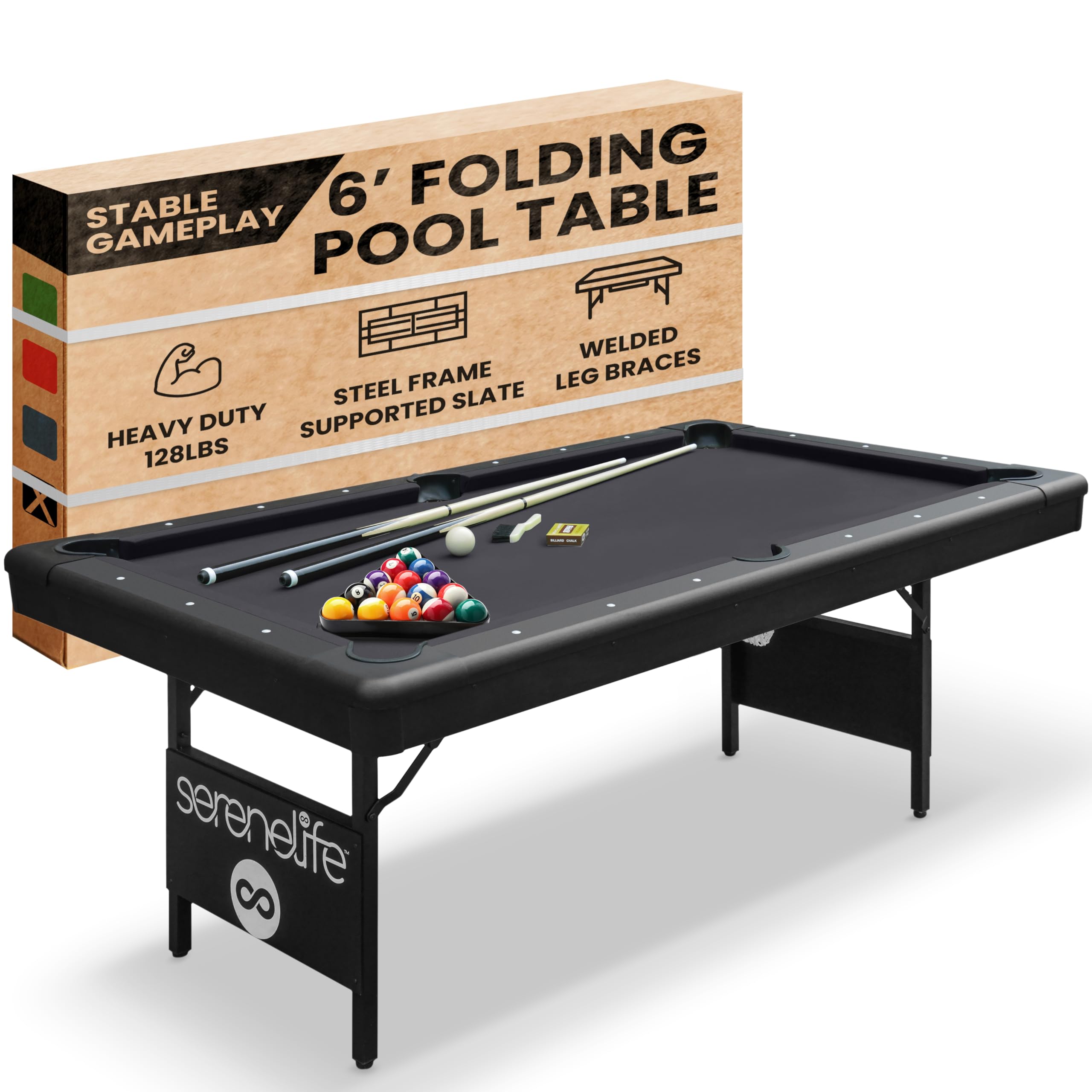 SereneLife 6-Ft Folding Pool Table - Portable Billiard Table - Includes ...