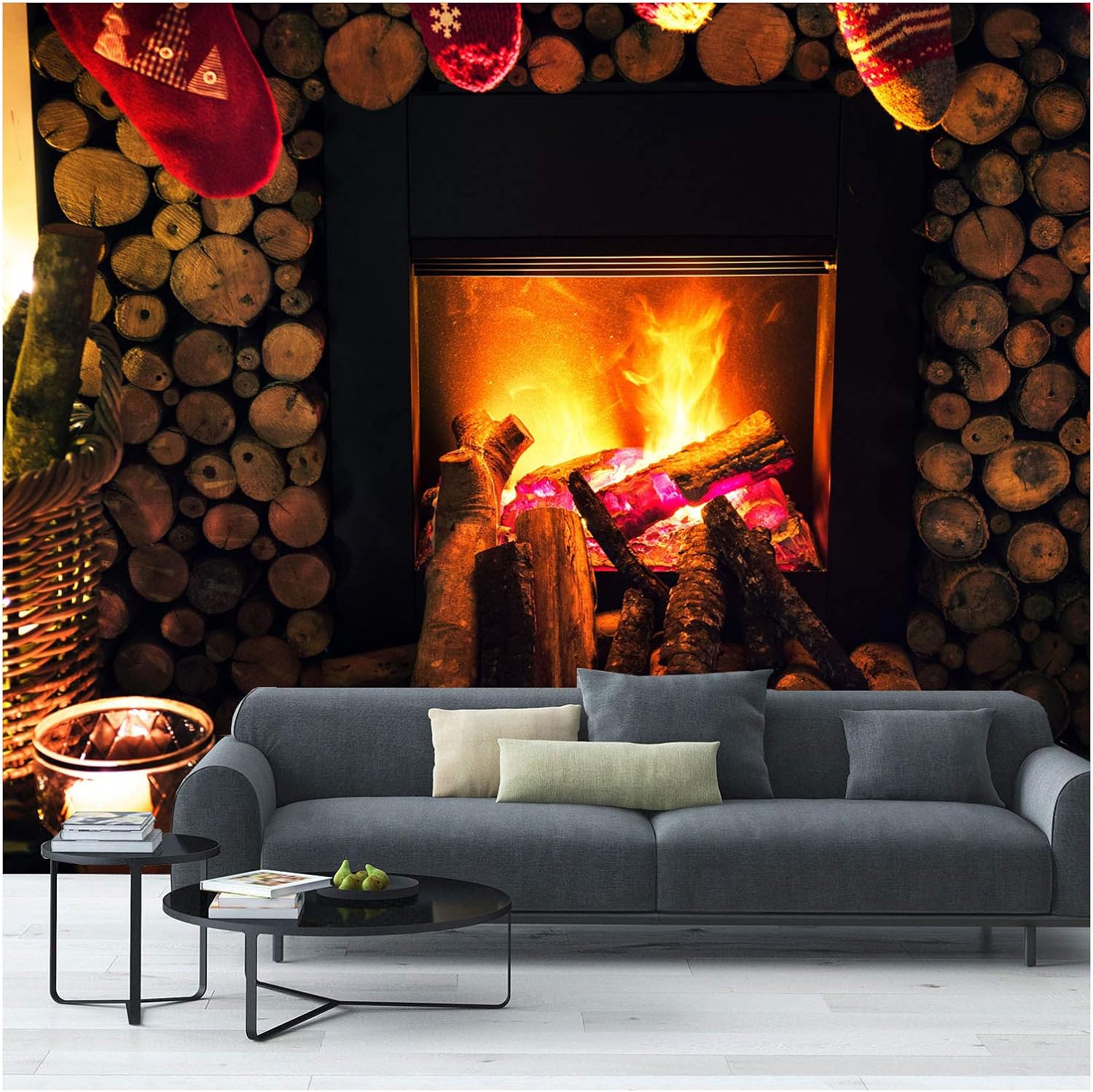 Fireplace Logs Woods Flames Photo Wallpaper Mural Livingroom Poster ...