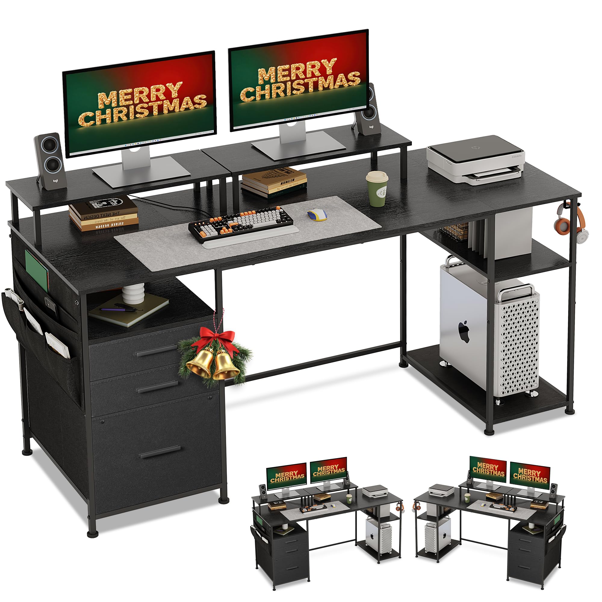 EKNKOZY Computer Desk with 3 File Cabinet Drawers, 57.8'' Reversible ...
