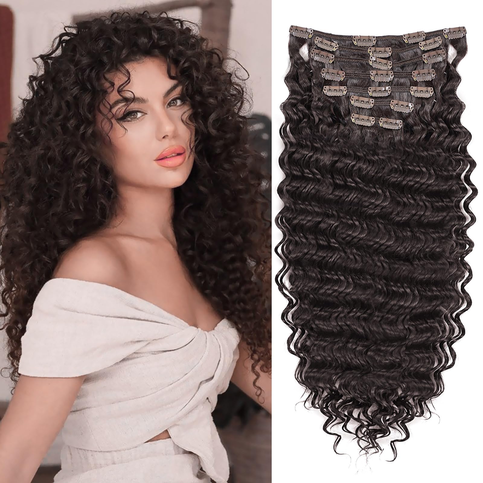 MEEPO Chocolate Brown Curly Clip In Hair Extension For Black Women Natural Thick Deep Wave Hair ...
