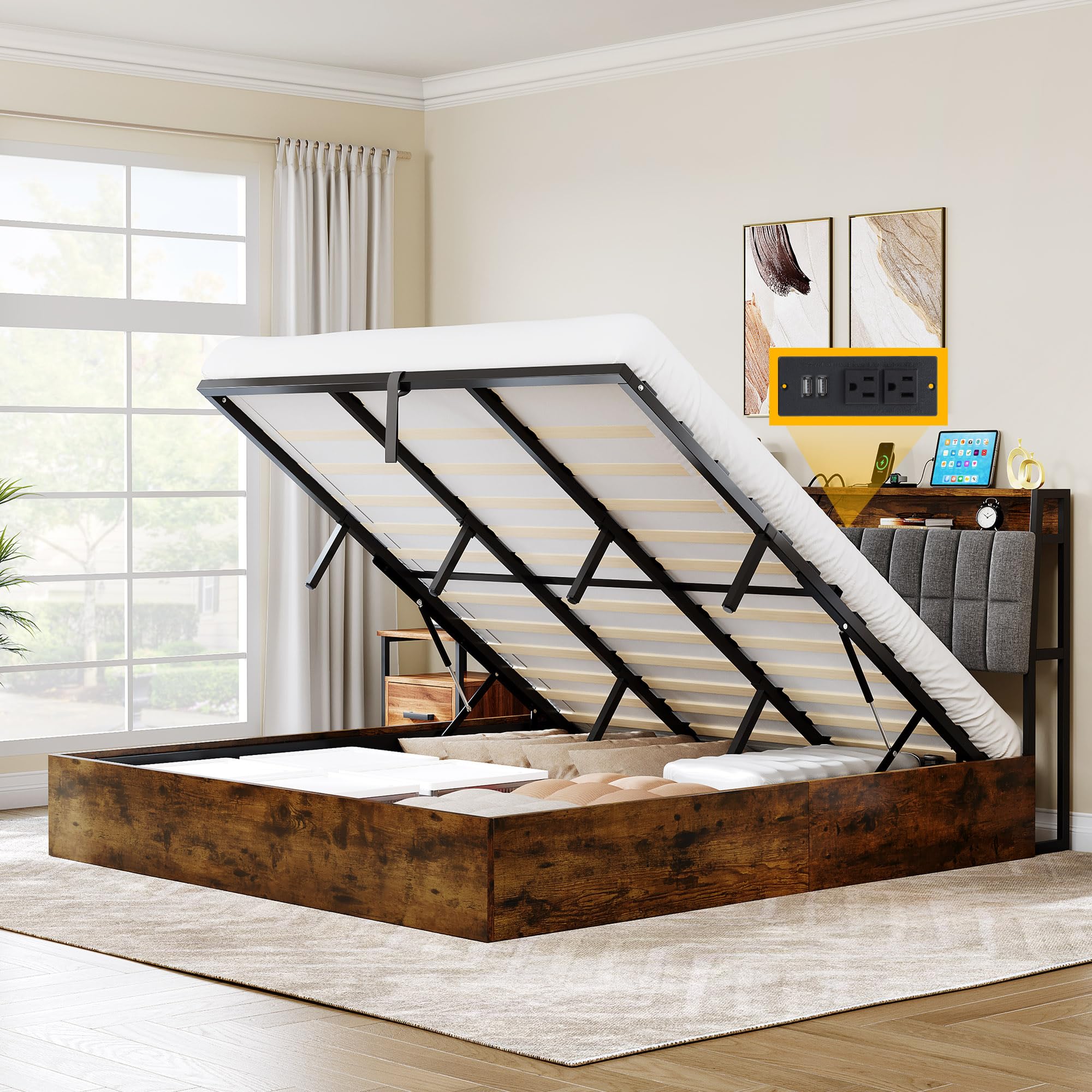 DWVO King Size Lift Up Storage Bed Frame with Charging Station, Storage ...