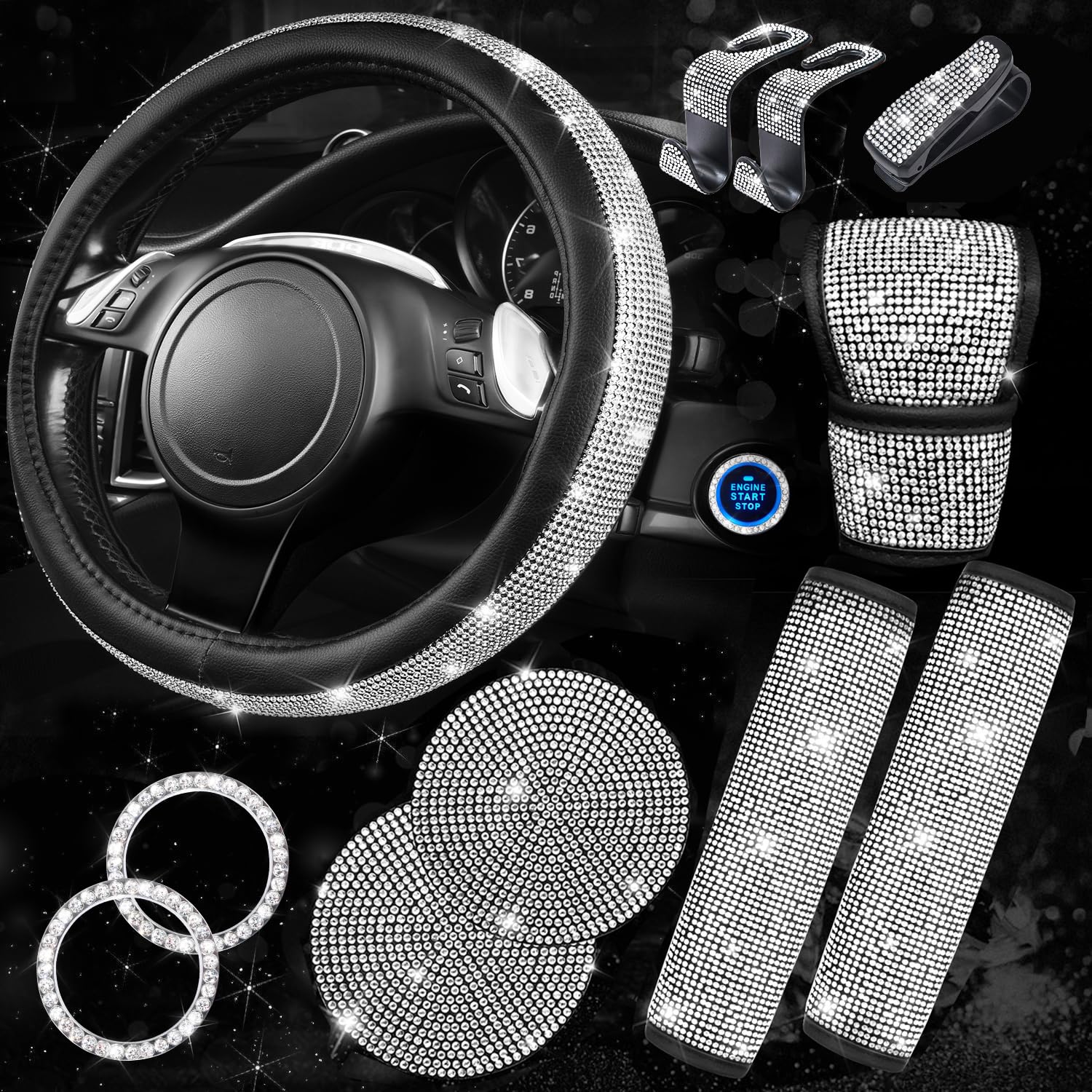 CAR PASS 11 PCS Bling Diamond Car Accessories for Women, Sparkly Rhinestone Steering Wheel Cover ...