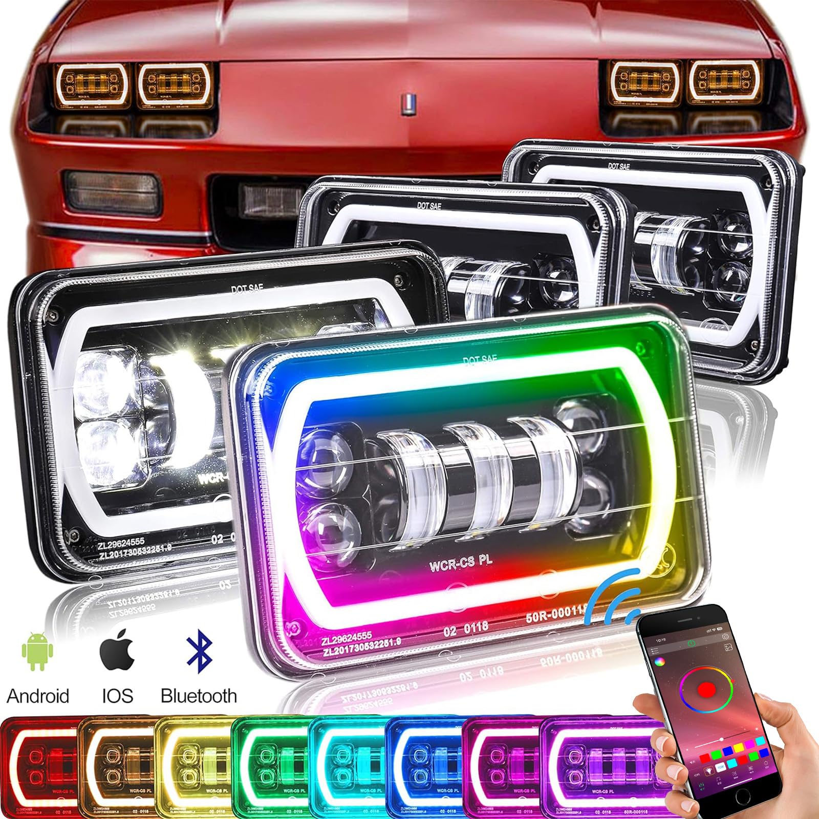 SEUYA 4x6 LED Headlights with RGB Halo Ring Music Mode Replacement ...