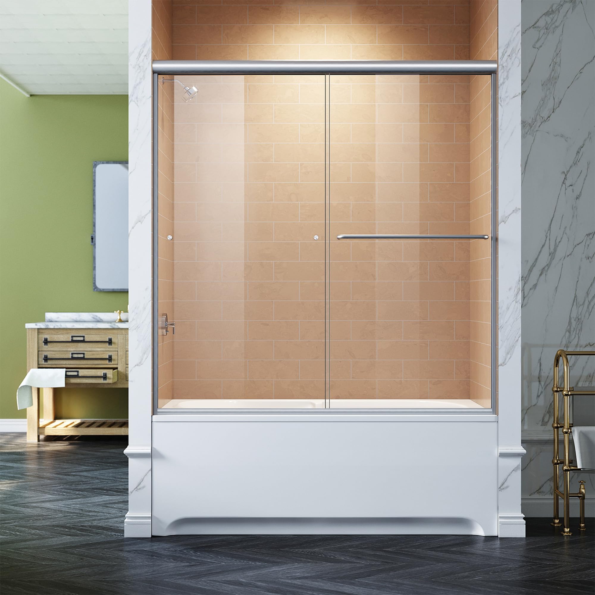 SUNNY SHOWER Bathtub Shower Door 60" W x 62" H Semi-Frameless Double Sliding Design Glass Shower ...