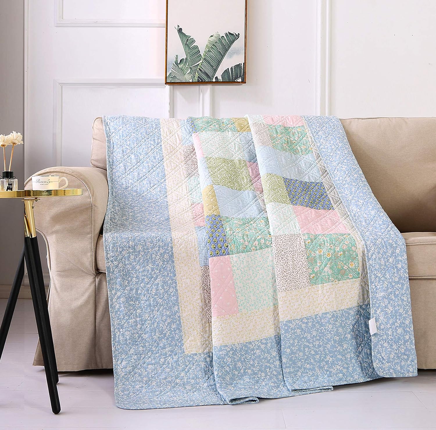 VIVILINEN Quilted Throw Blanket 100% Cotton Patchwork Bedspread Soft ...