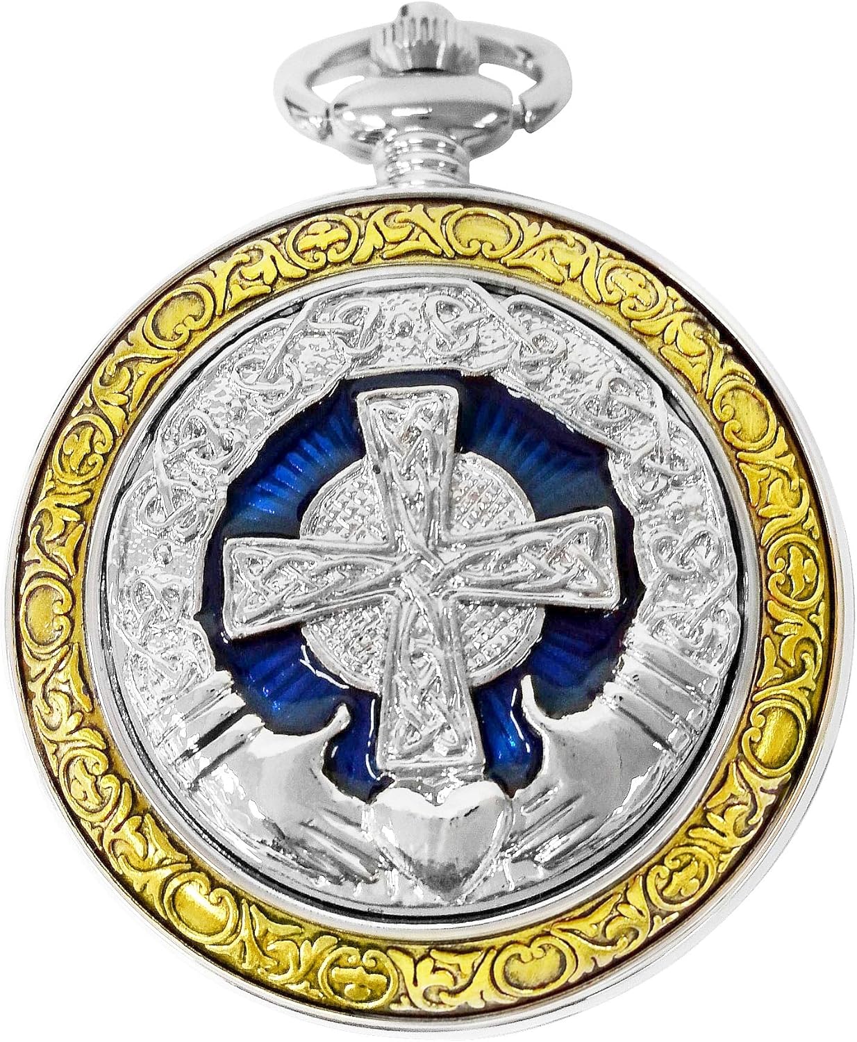 Celtic Pocket Watch Claddagh Cross Motif Case Roman Numerals with Chain ...