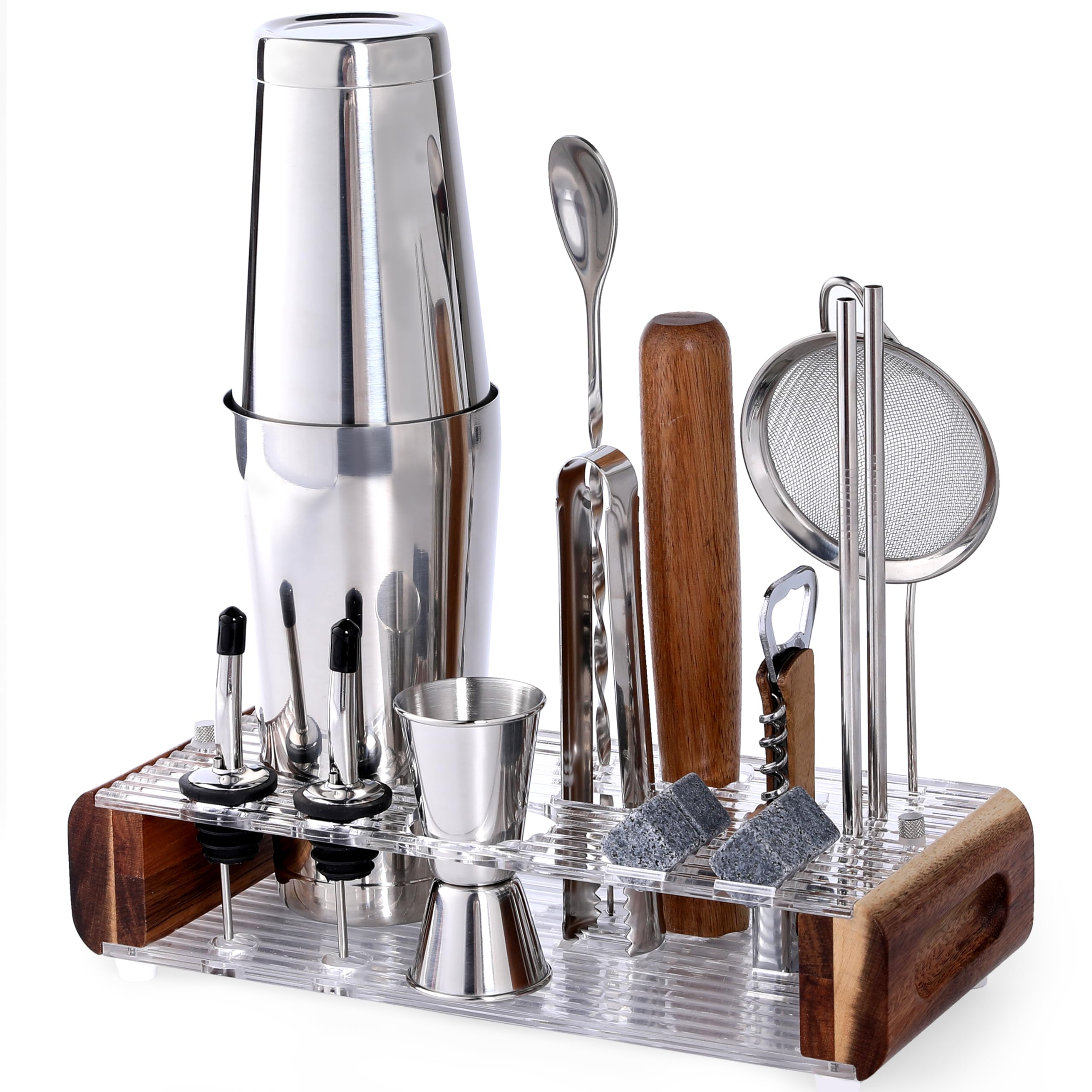 Mixology Bartender Kit with Stand - 15 Piece Bar Tool Set, Silver Bar Set Cocktail Shaker Set ...