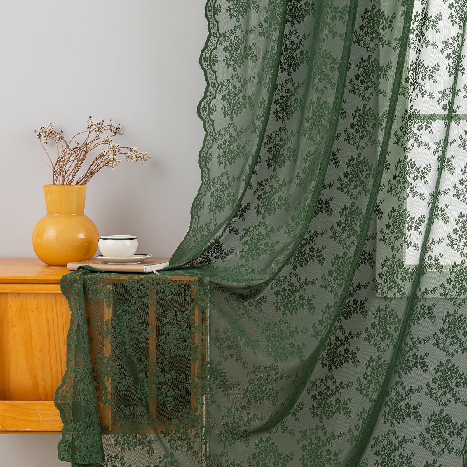 YJ YANJUN Olive Green Sheer Curtains 72 Inches Long Vintage Floral Boho ...