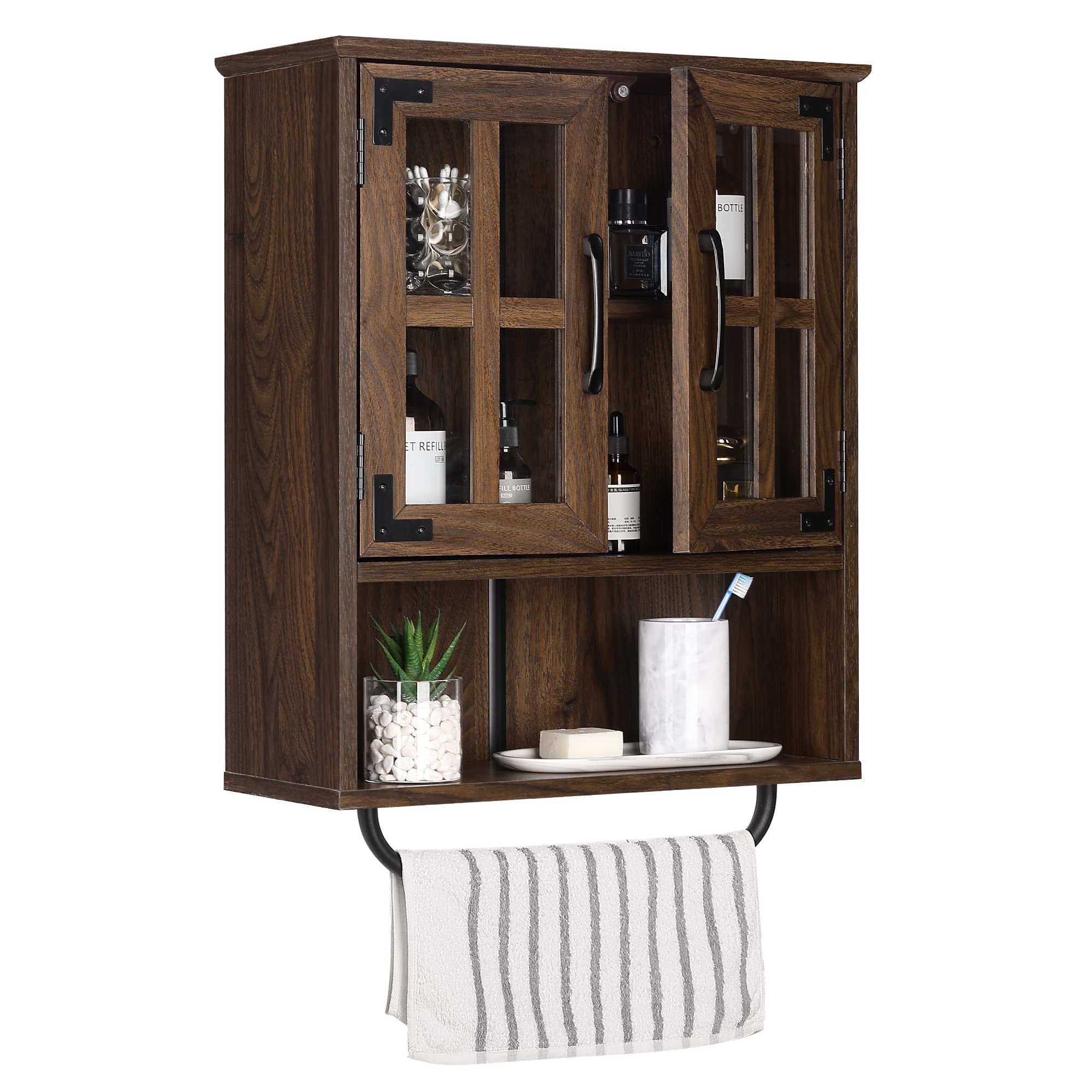 RUSTOWN Wood Wall Storage Cabinet with Cross Glass Doors, Farmhouse ...