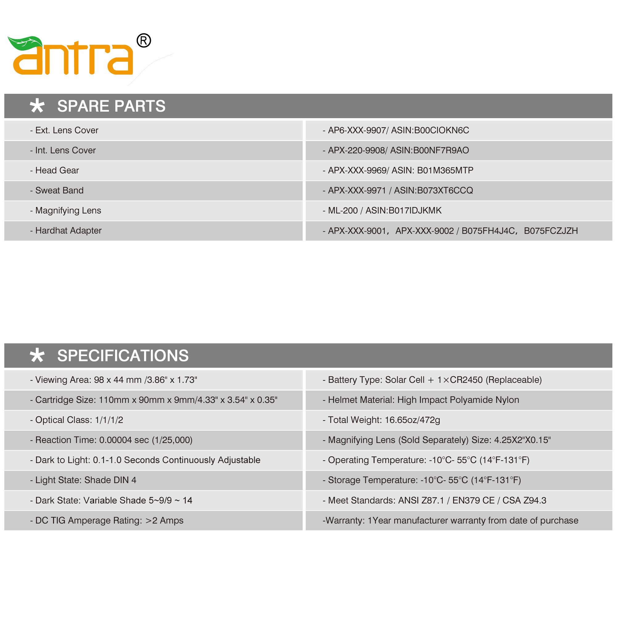Antra True Color Wide Shade Range 4/5-9/9-14 Solar Power Auto Darkening ...