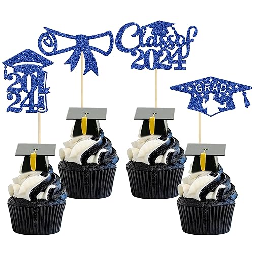Gyufise 24Pcs 2024 Graduation Cupcake Toppers Deep Blue Glitter Class ...
