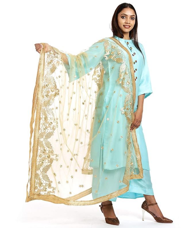 Buy The Home Factory Women's Golden Net Heavy Zari Work Dupatta With ...