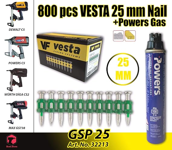 VESTA C5-25MM Nails for Gas Nailer, Wurth Diga CS-2, DeWalt C5, Powers ...