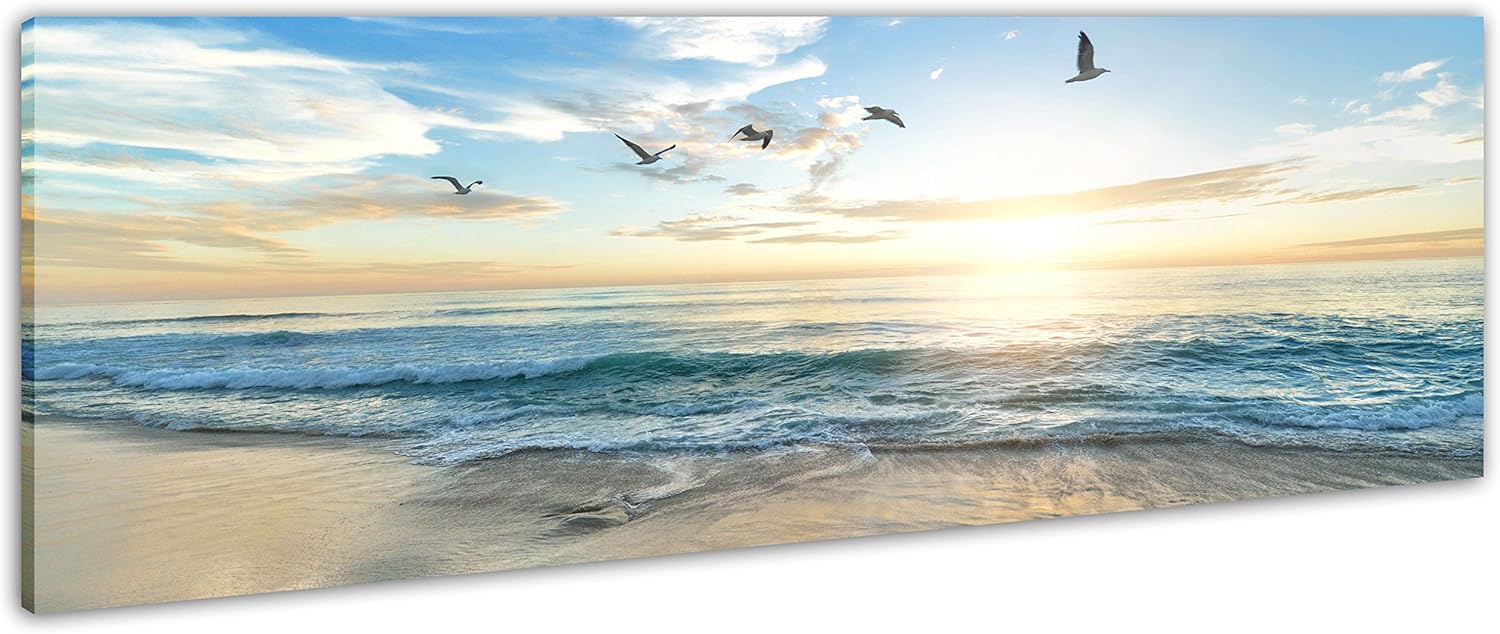 ayra-products Panoramabild Leinwandbild Keilrahmenbild Strand Meer Vögel Sonnenaufgang fertig ...