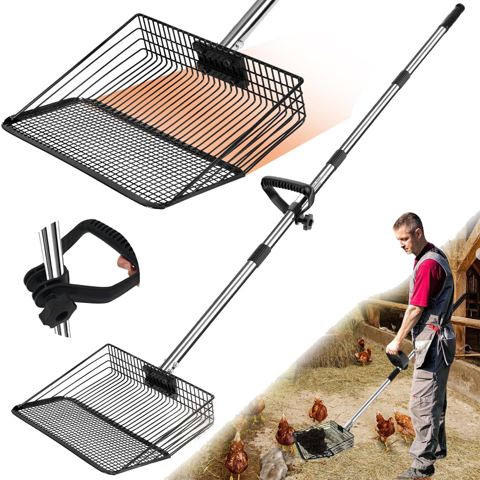 12" Metal Chicken Poop Scooper Rake for Sand with 24 to 68" Handle ...