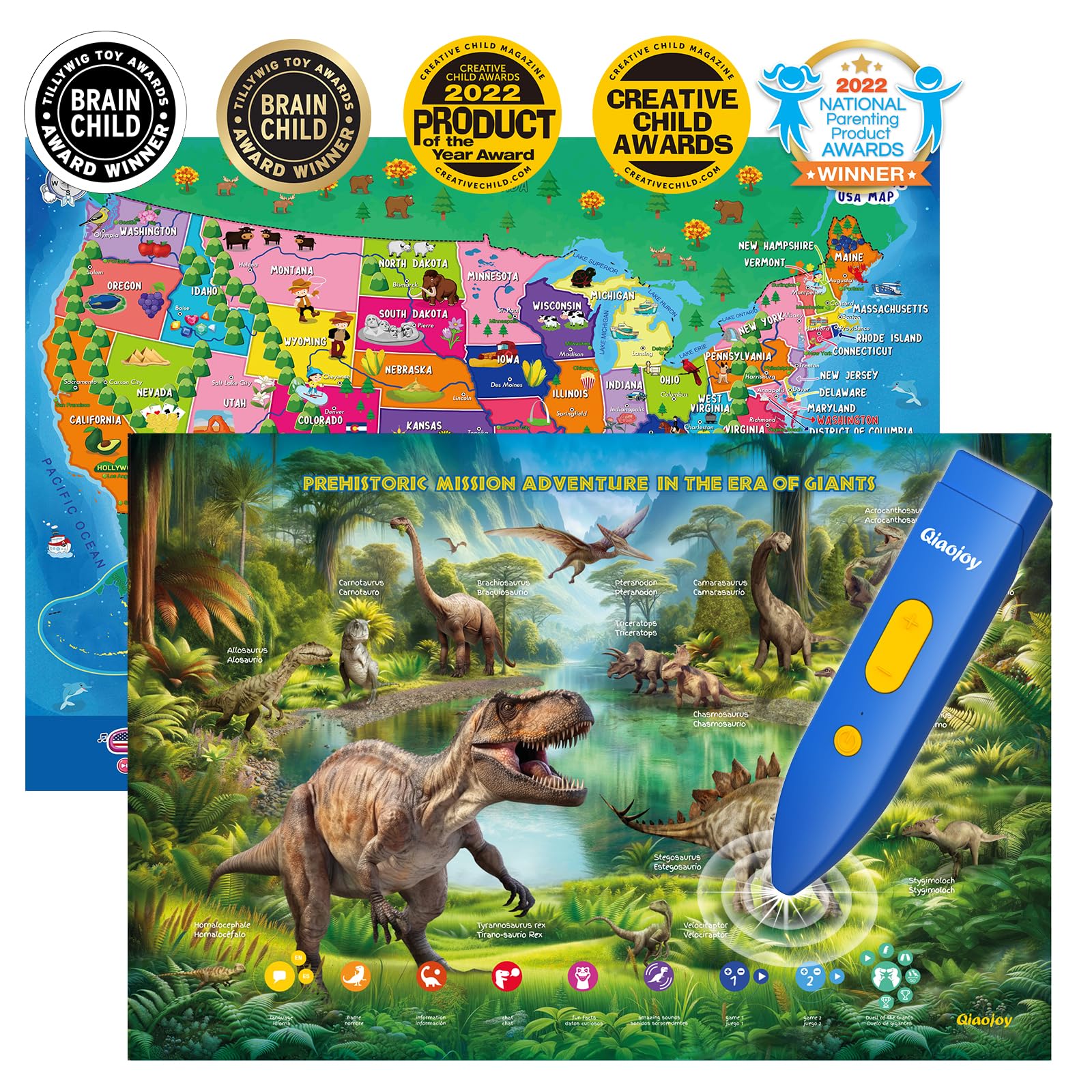 Bilingual Interactive for Kids Talking USA Map Dinosaur Poster for Kids ...