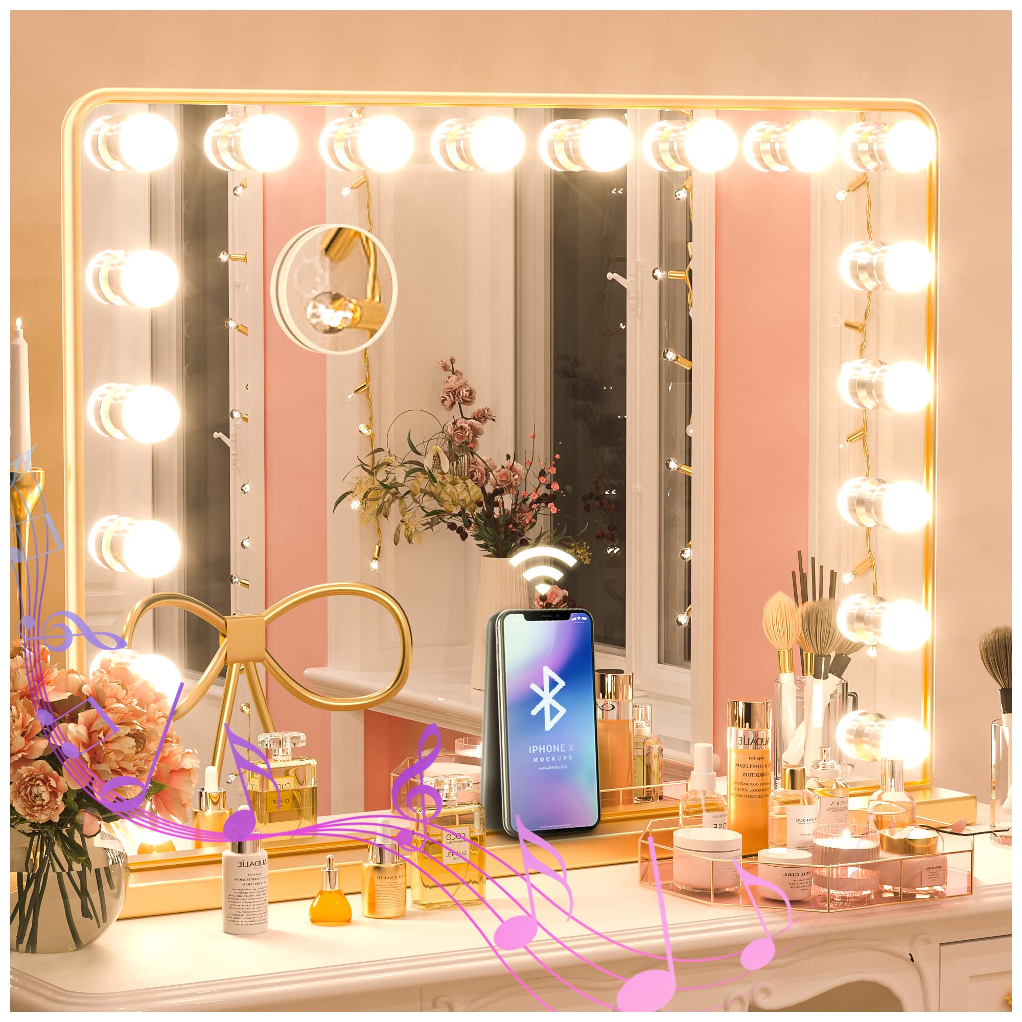 Keonjinn Gold Vanity Mirror with Lights, 15 Replaceable Bulbs Hollywood ...