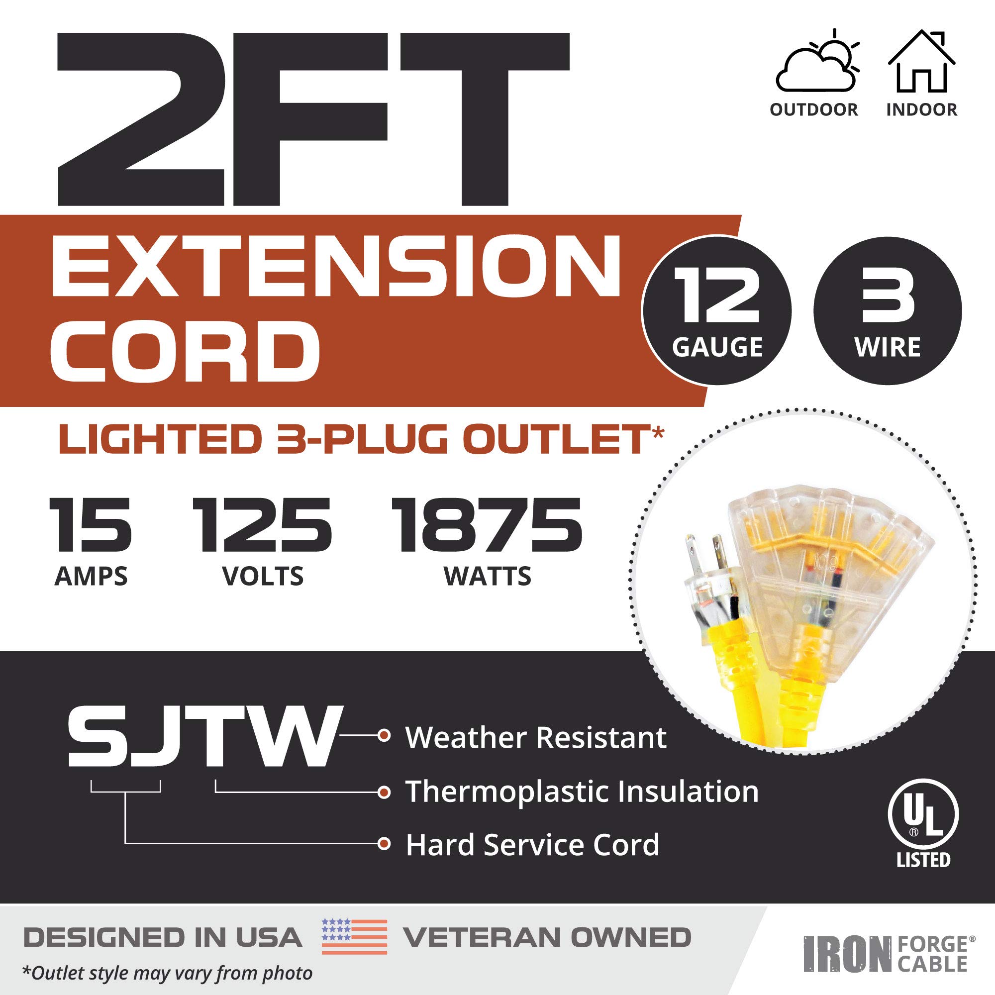 Iron Forge Cable 2 Foot Lighted Outdoor Extension Cord With 3 Outlets ...