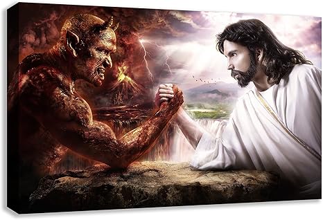 SATAN V CHRIST ARM WRESTLE GOOD EVIL JESUS CANVAS WALL ART (44X26 ...