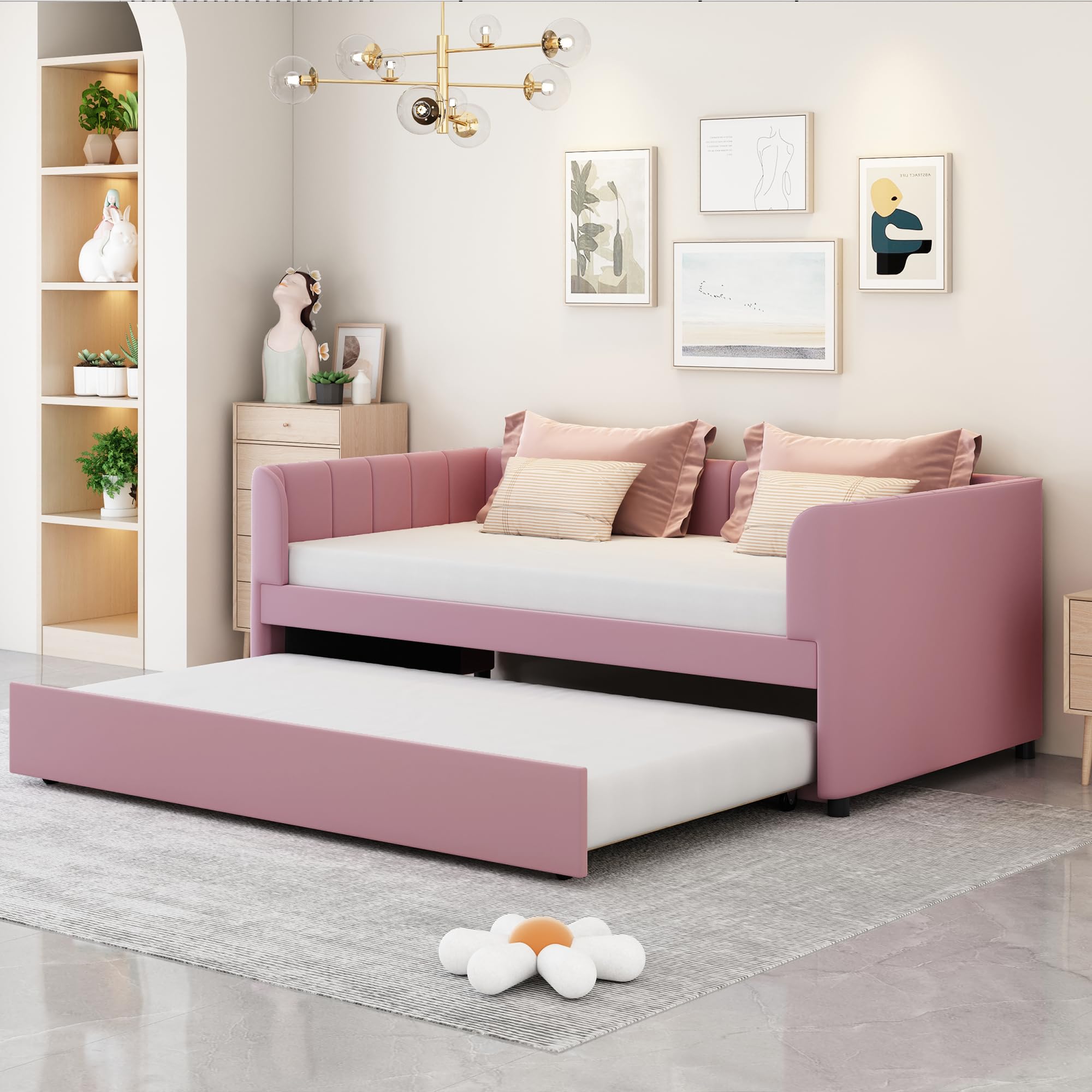 FAVSH Twin Size Daybed w/Trundle, Velvet Upholstered Sofa Bed with and ...