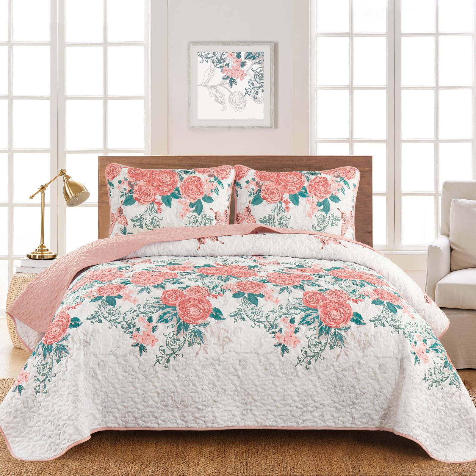 Yiran Floral Quilt Set Queen Size Pink Botanical Summer Bedspreads 3 ...
