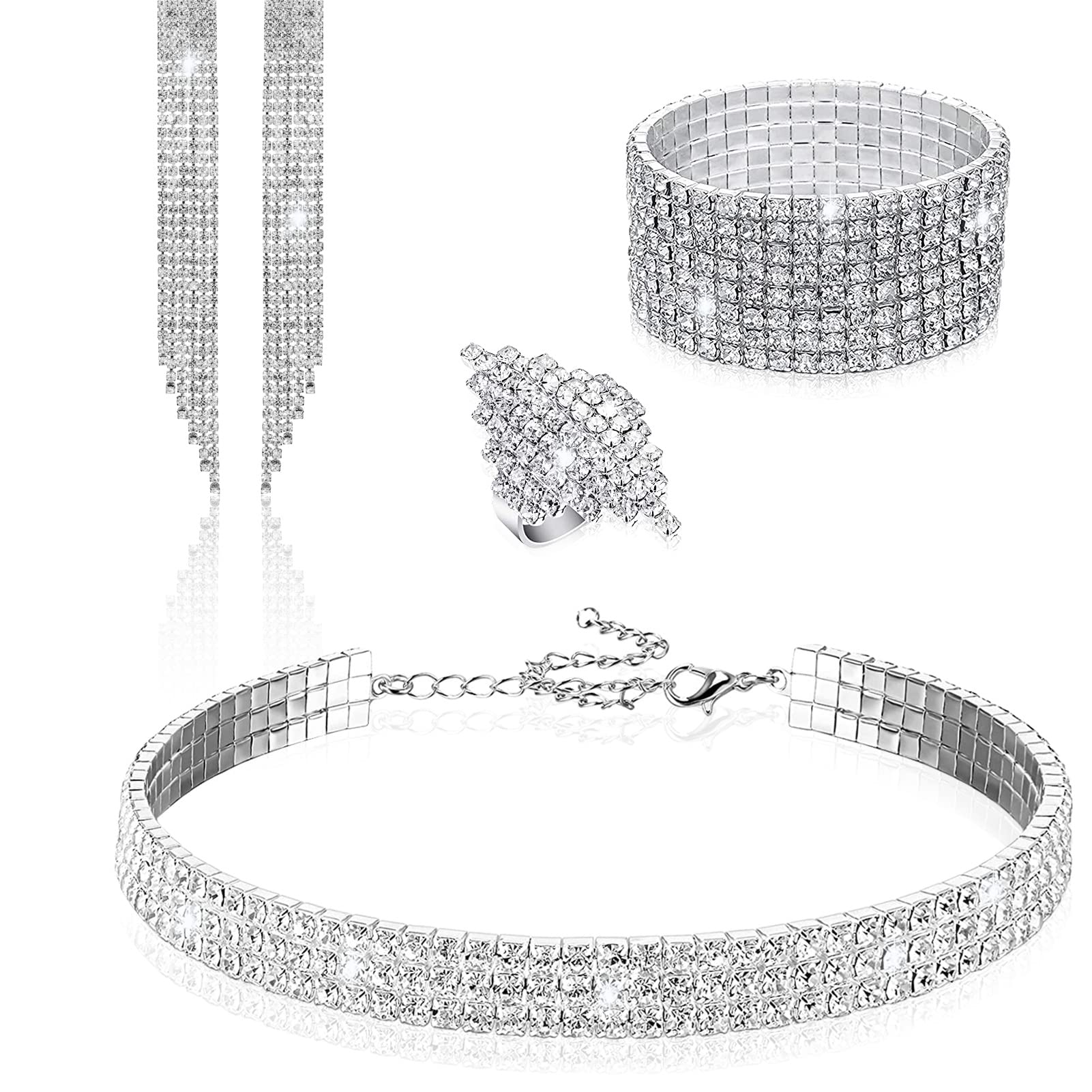 PHOGARY Women Rhinestone Jewelry Set with Rhinestone Stretch Bracelet ...