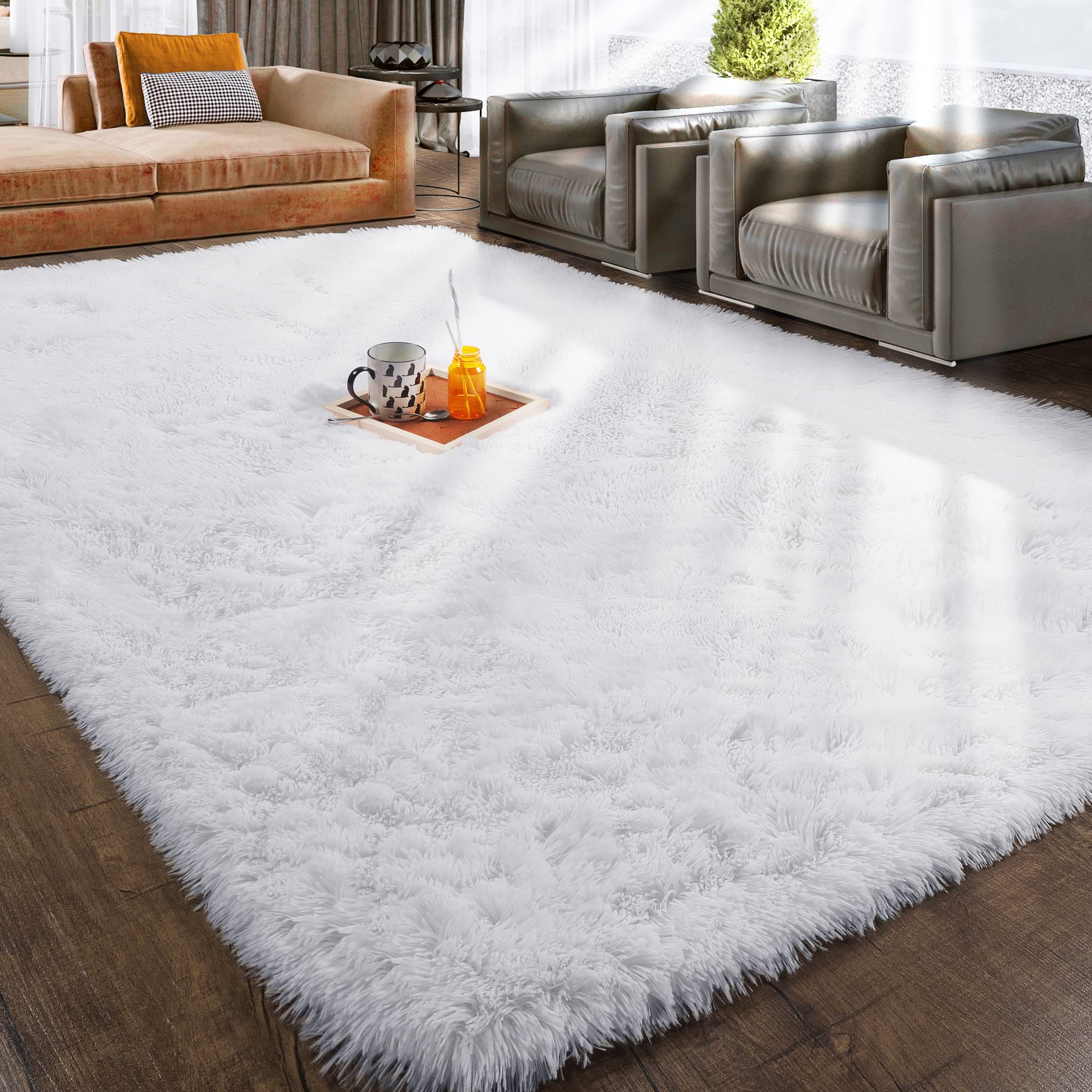 RUGTUDER 5x7 Area Rug, White Shaggy Plush Anti-Slip Fluffy Rugs for ...