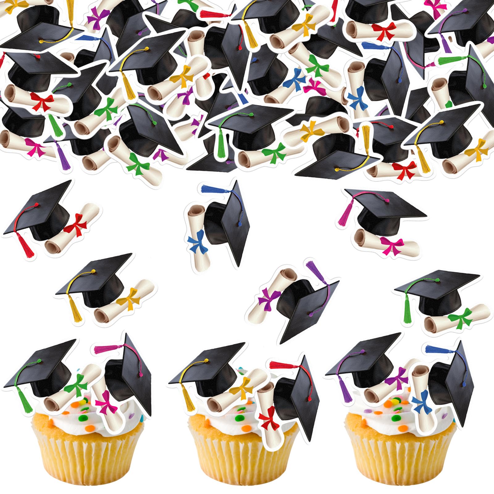 Fyeoxle 48pcs Edible Graduation Cap Cupcake Toppers Wafer Paper Multi ...