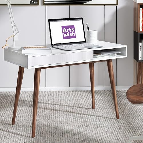 Artswish White Writing Desk with Drawers Mid Century Modern Desk, Wood ...