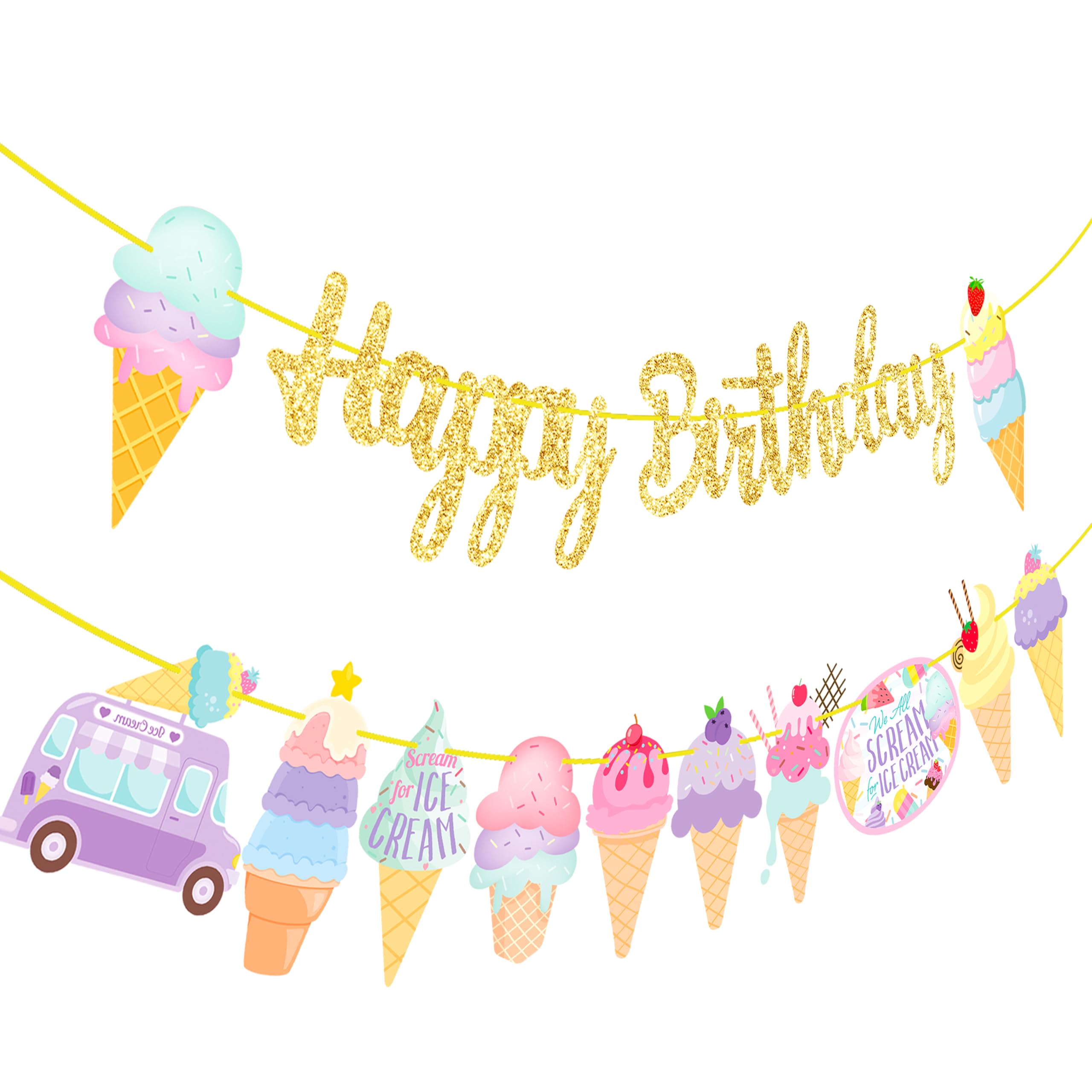 C L cooper life Ice Cream Happy Birthday Banners 2Pcs Gold Glitter Ice ...