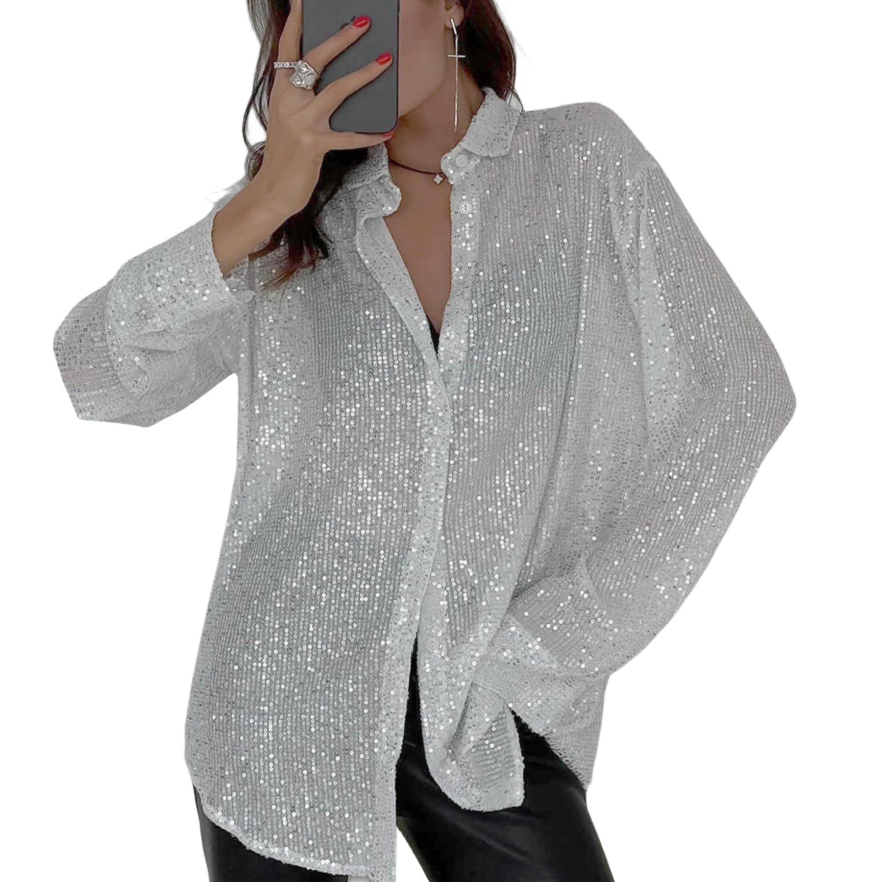 AMPOSSTO Womens Sequins Long Sleeve Collared Shirt Button Down Open ...