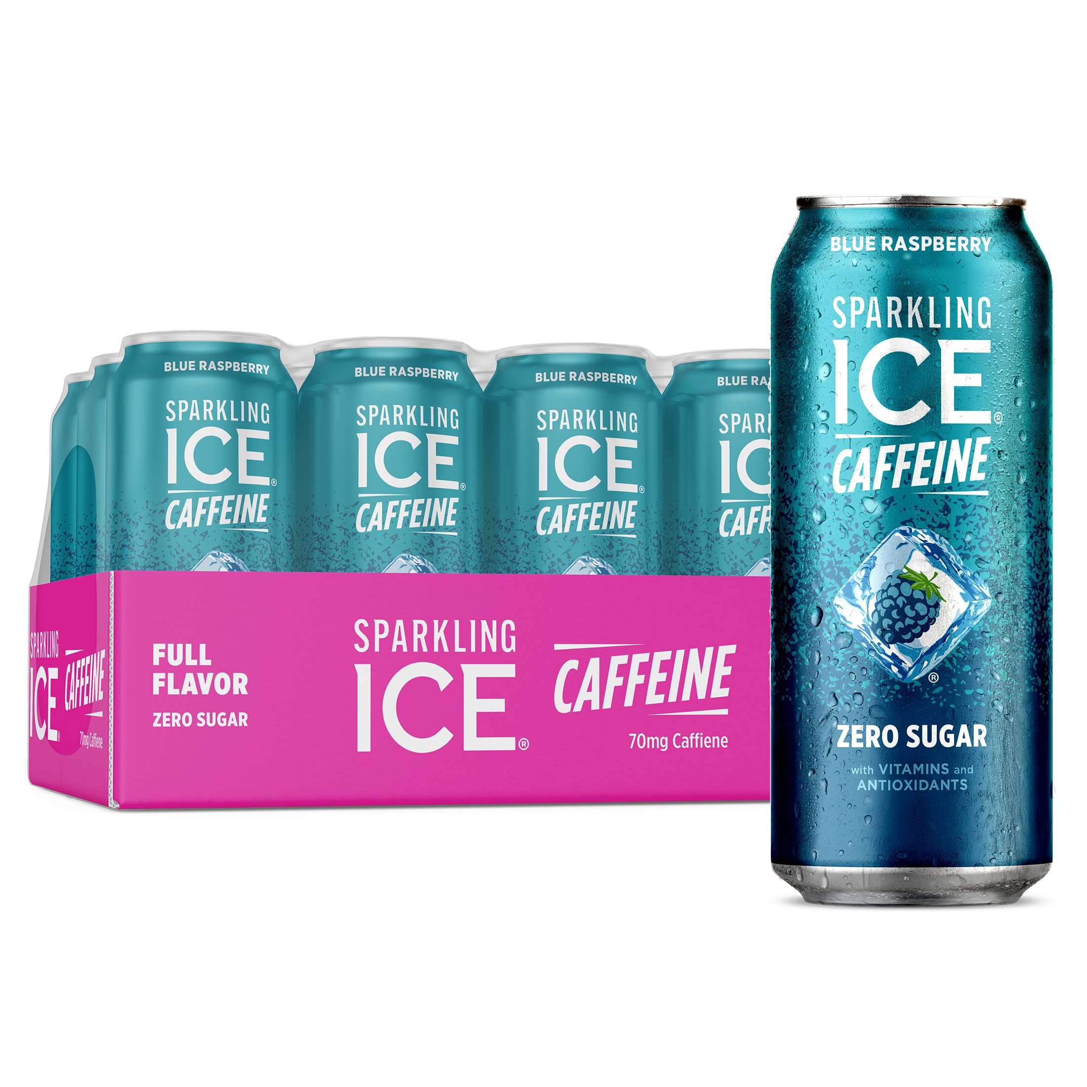 Sparkling Ice Caffeine Blue Raspberry Sparkling Water with Caffeine, Zero Sugar, with ...